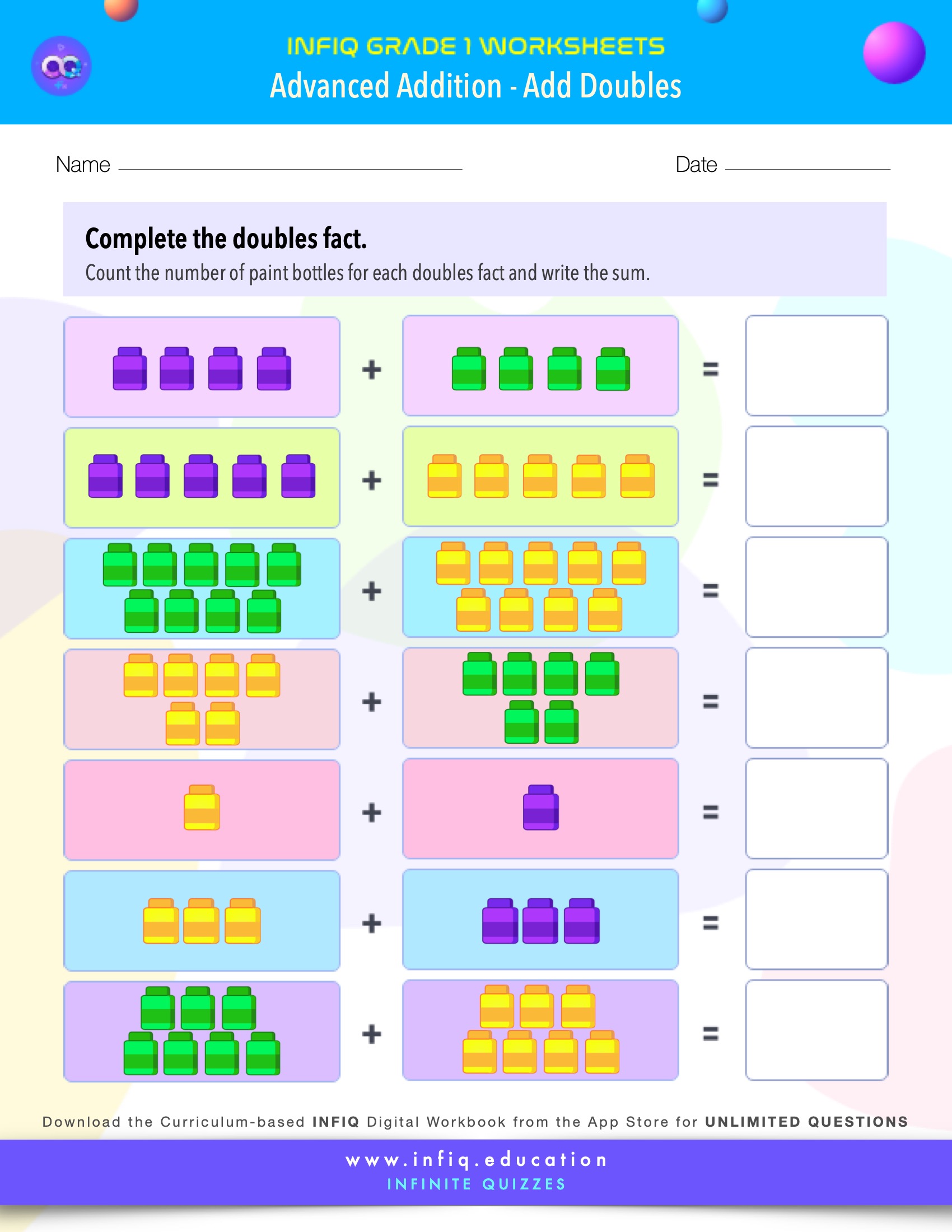 INFIQ | GRADE 1 Math Worksheets- Advanced Addition - Add Doubles