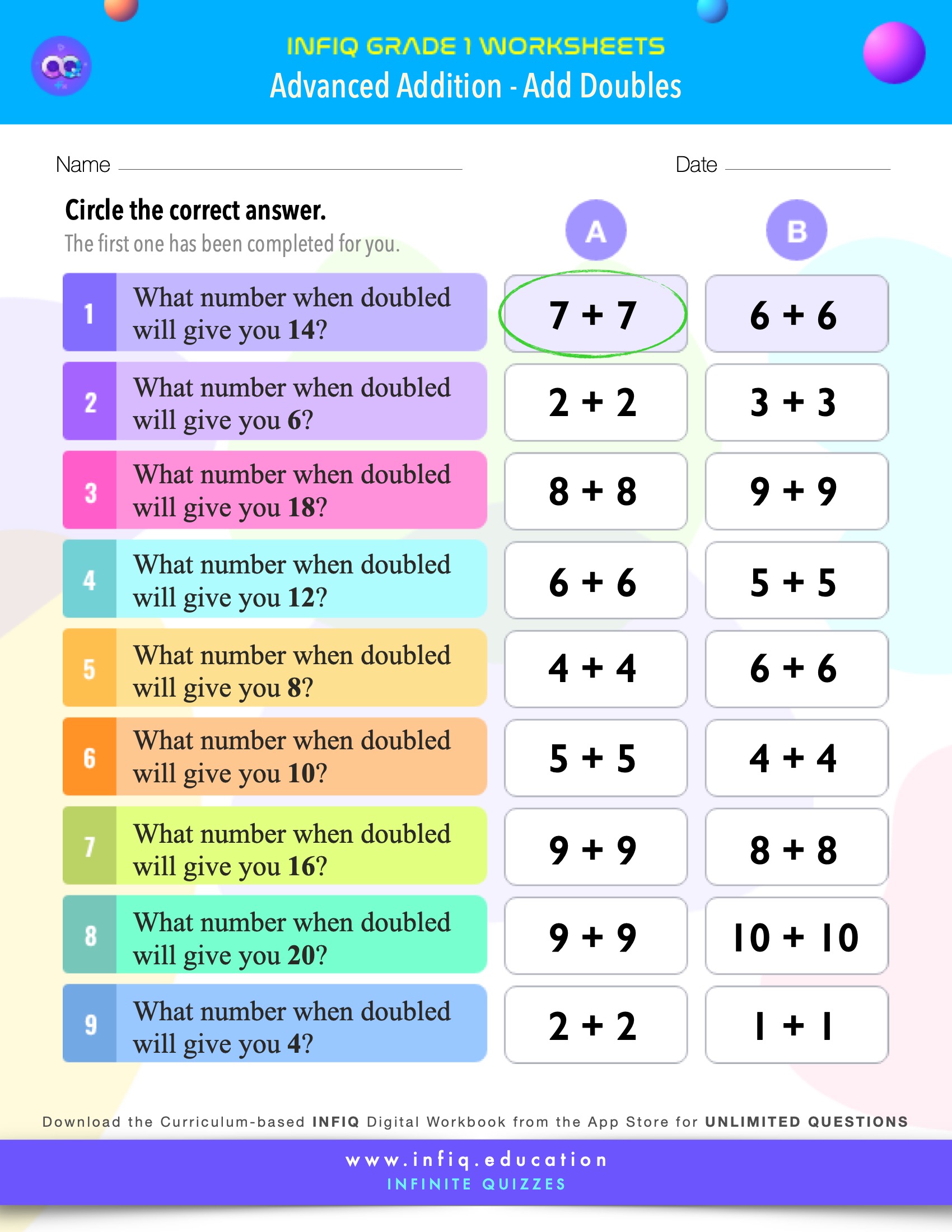 INFIQ | GRADE 1 Math Worksheets- Advanced Addition - Add Doubles