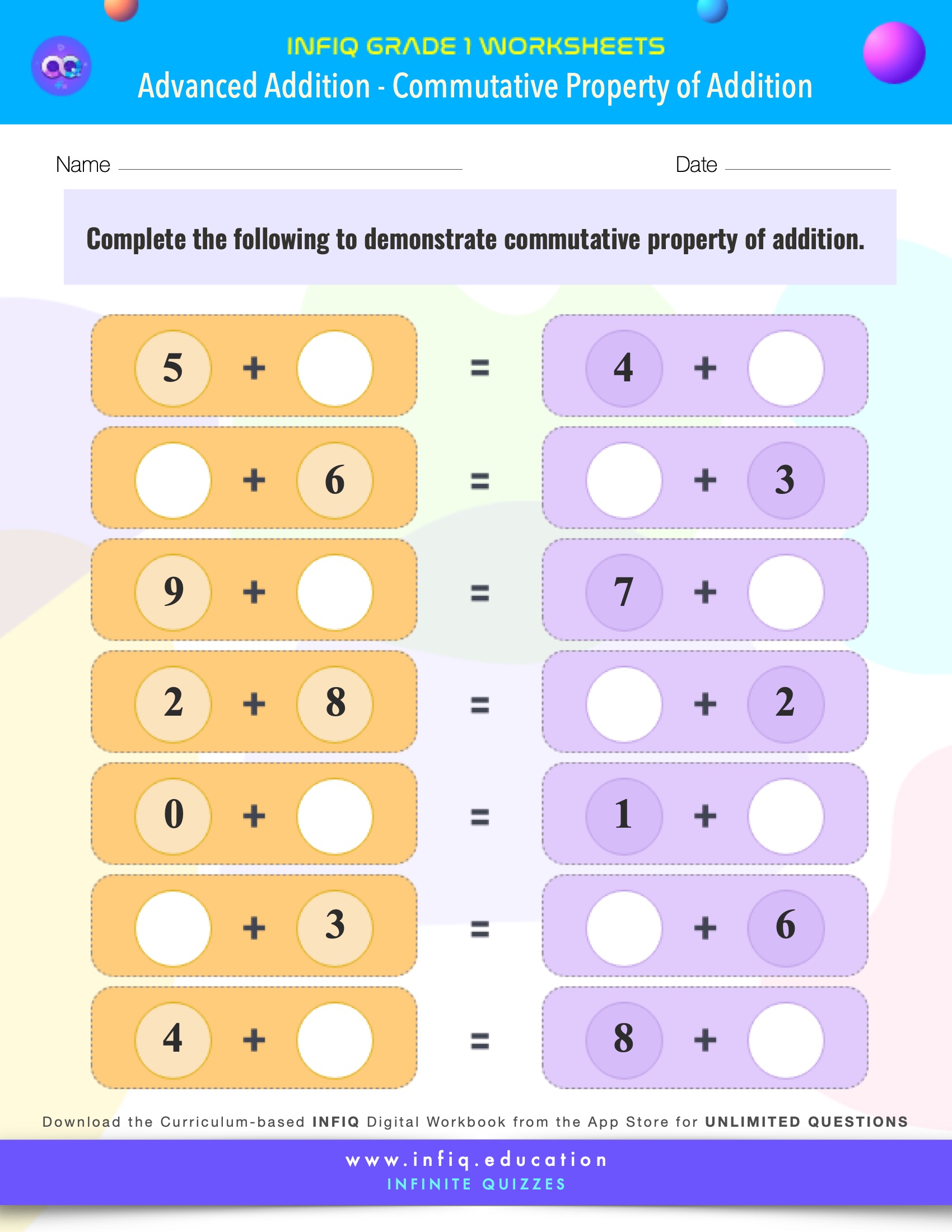 INFIQ | GRADE 1 Math Worksheets- Advanced Addition - Commutative ...