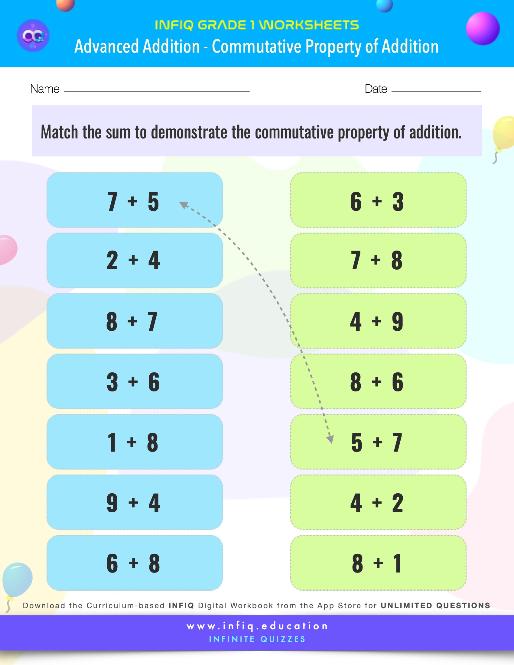 INFIQ | GRADE 1 Math Worksheets- Advanced Addition - Commutative ...