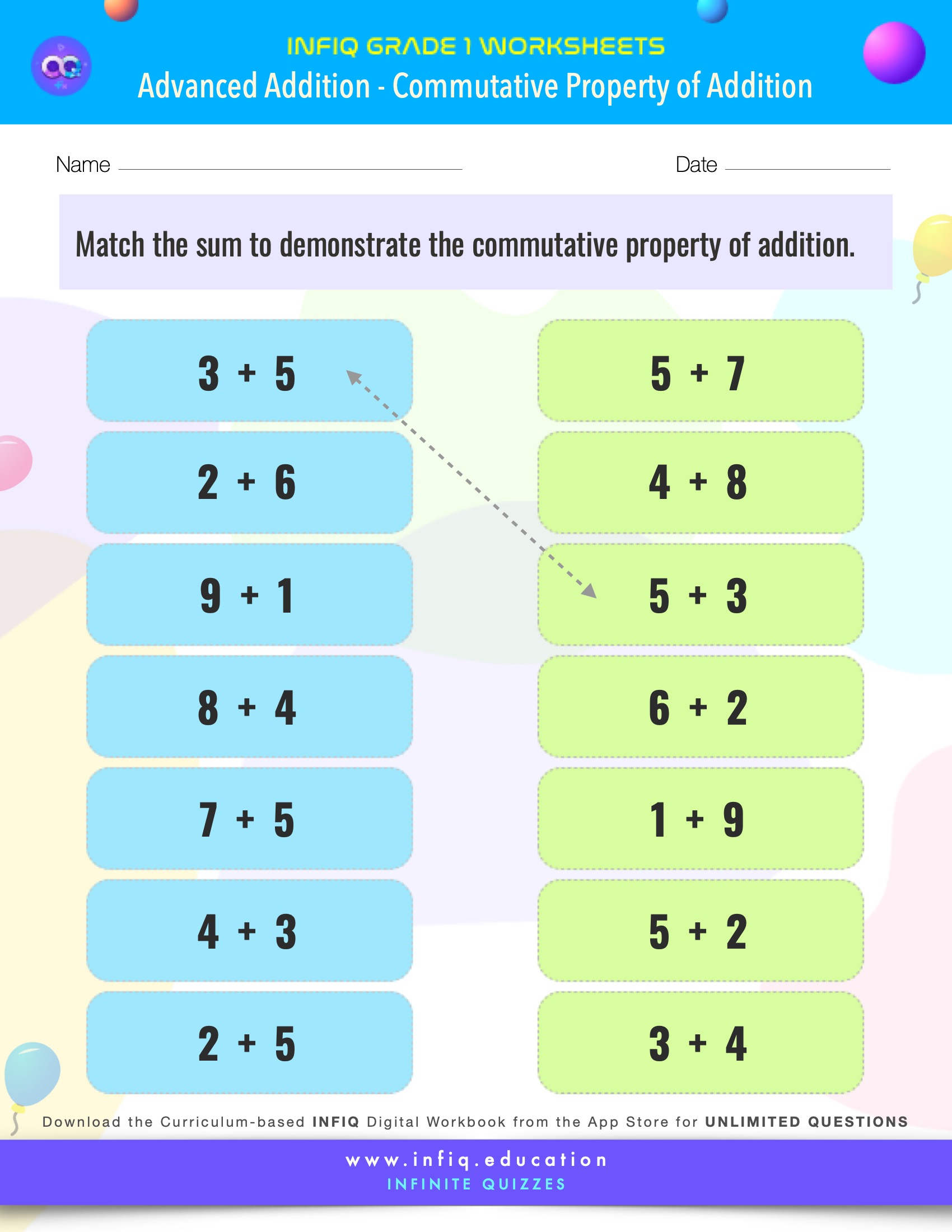 INFIQ | GRADE 1 Math Worksheets- Advanced Addition - Commutative ...
