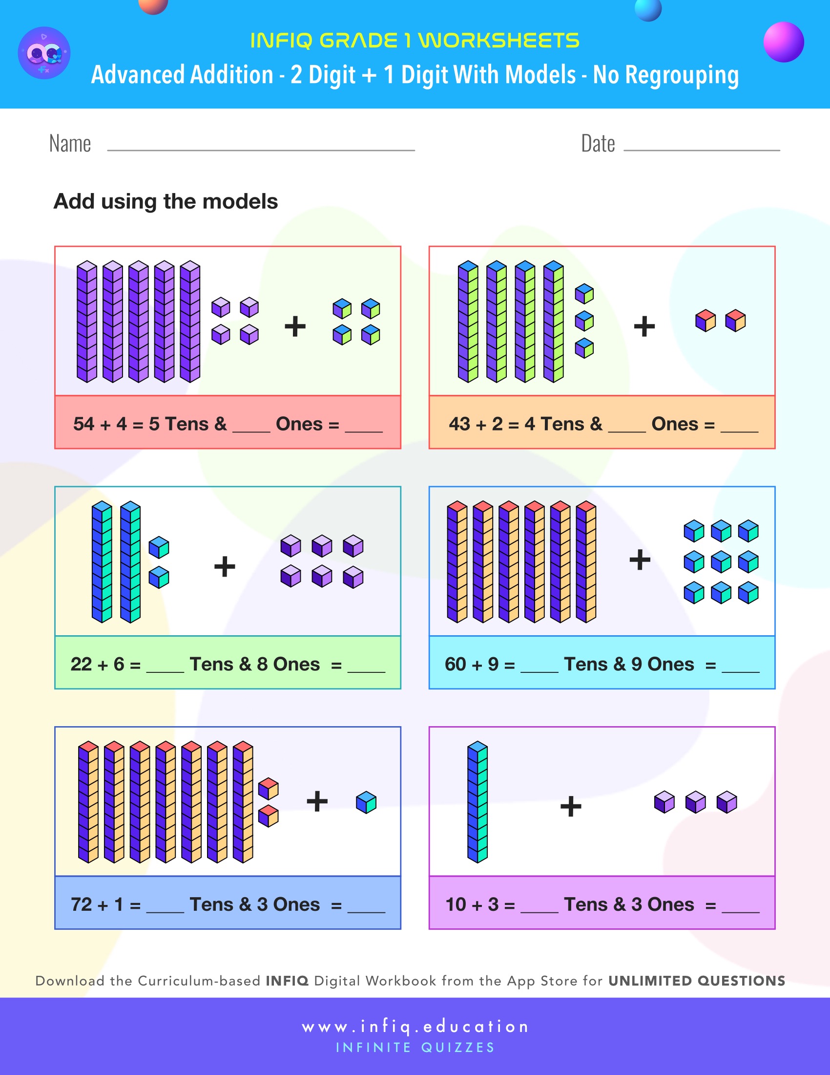 INFIQ | GRADE 1 Math Worksheets- Advanced Addition - 2 Digit + 1 Digit ...