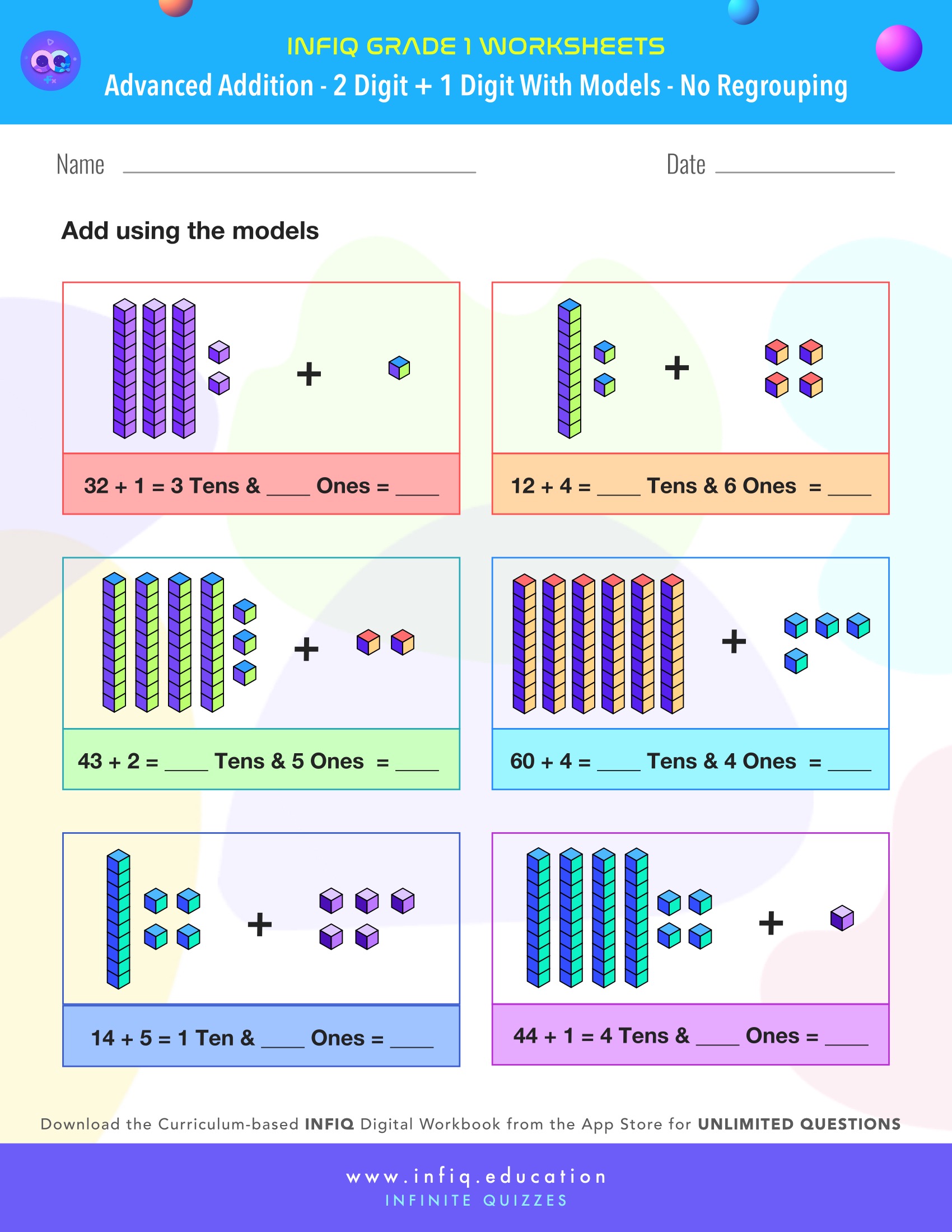 INFIQ | GRADE 1 Math Worksheets- Advanced Addition - 2 Digit + 1 Digit ...