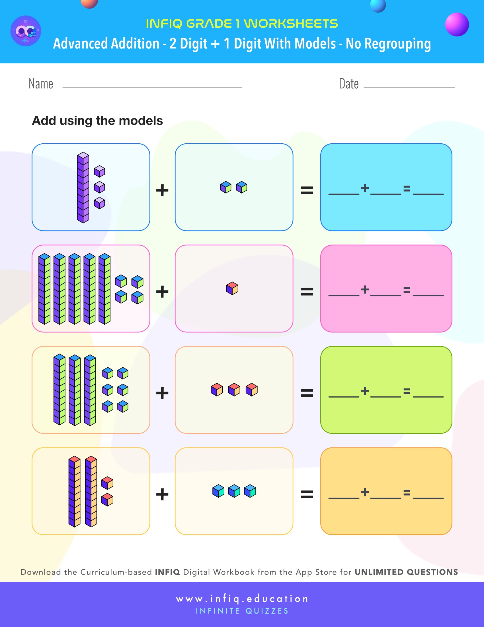 INFIQ | GRADE 1 Math Worksheets- Advanced Addition - 2 Digit + 1 Digit ...