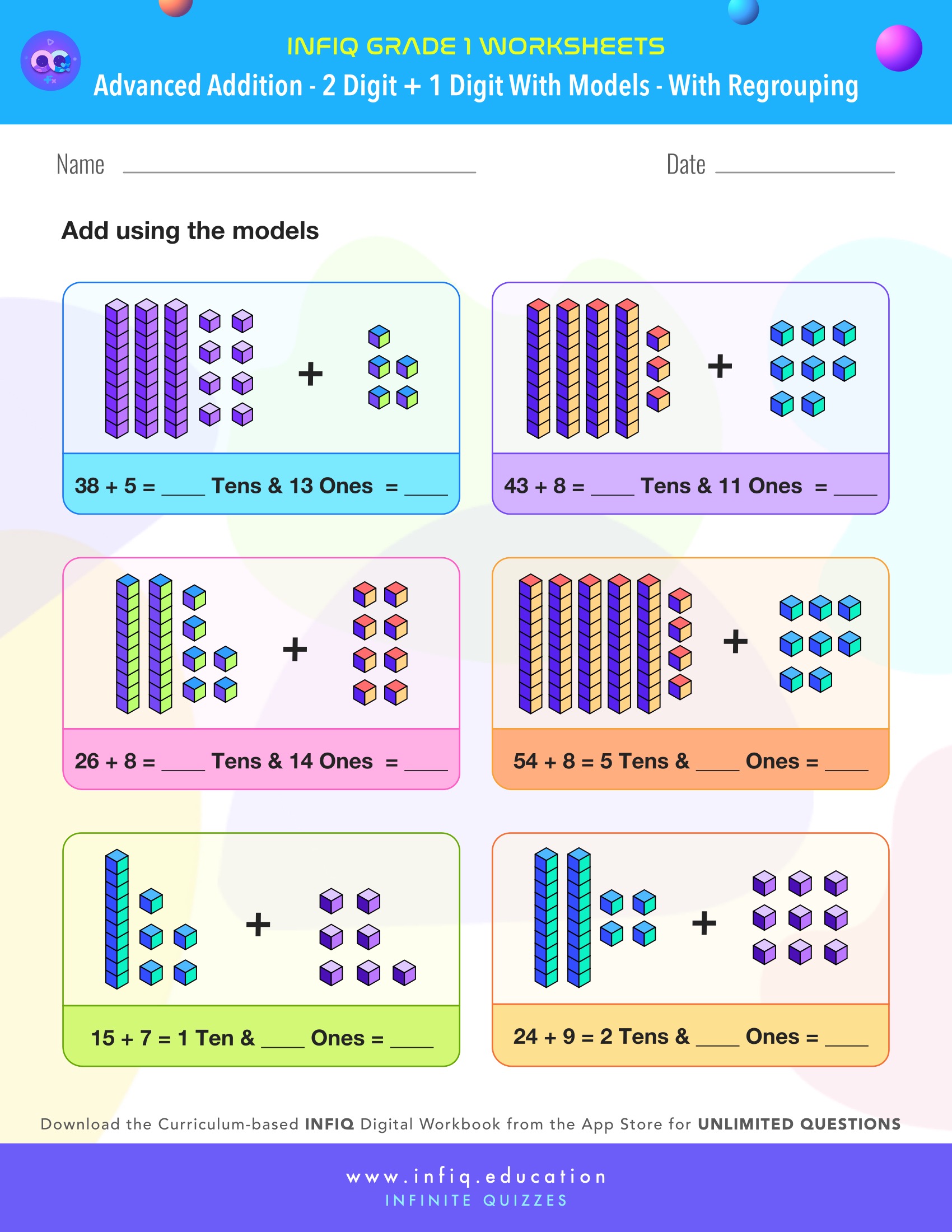INFIQ | GRADE 1 Math Worksheets- Advanced Addition - 2 Digit + 1 Digit ...