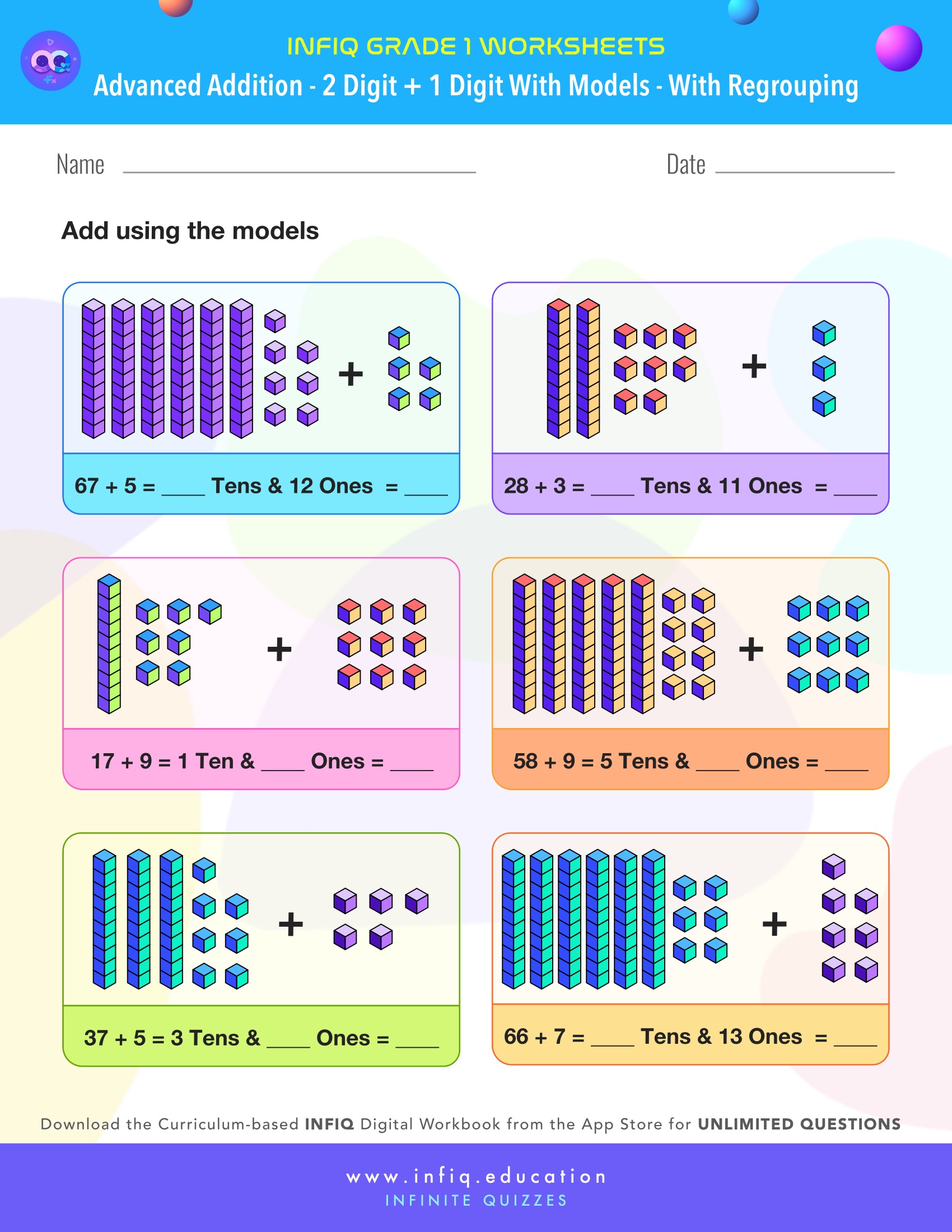INFIQ | GRADE 1 Math Worksheets- Advanced Addition - 2 Digit + 1 Digit ...