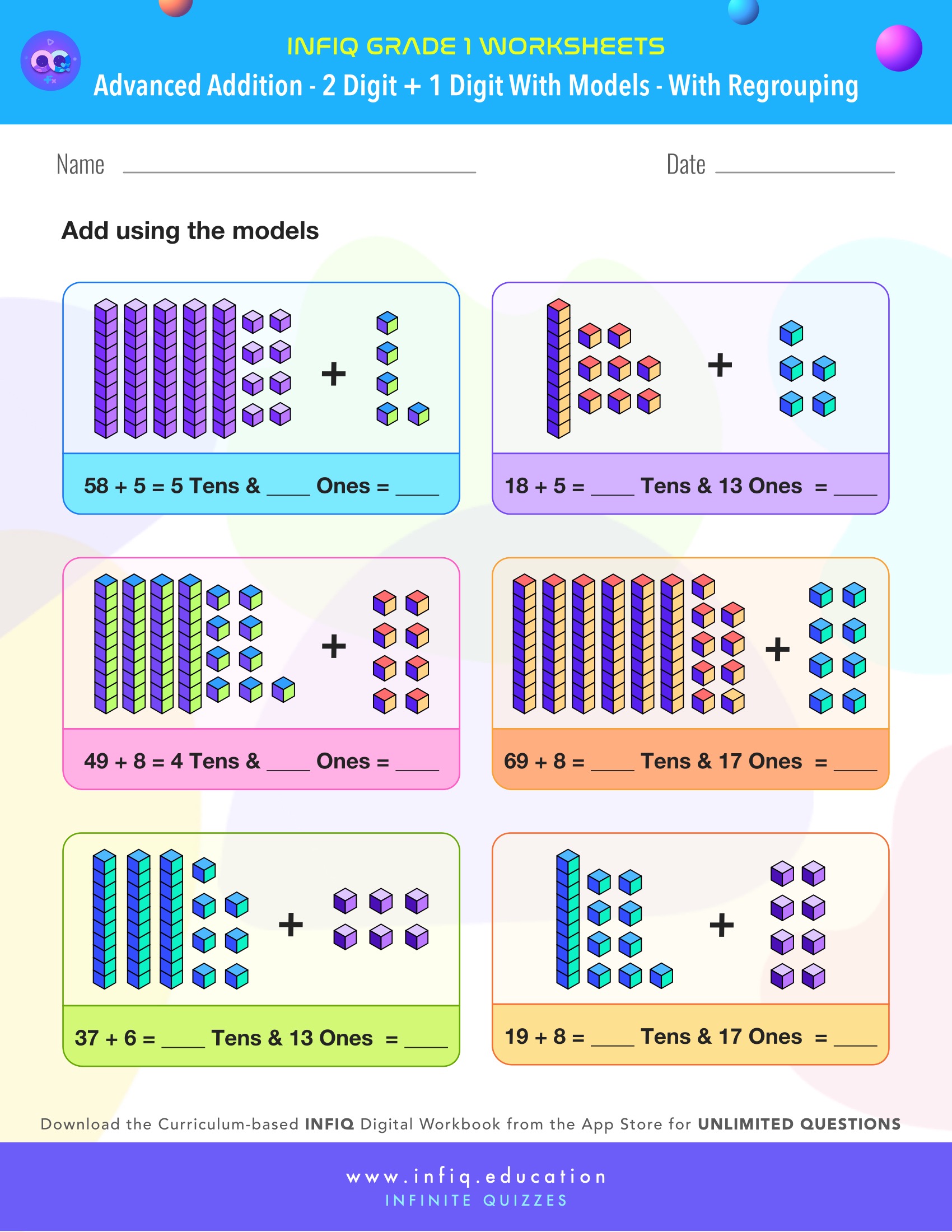 INFIQ | GRADE 1 Math Worksheets- Advanced Addition - 2 Digit + 1 Digit ...
