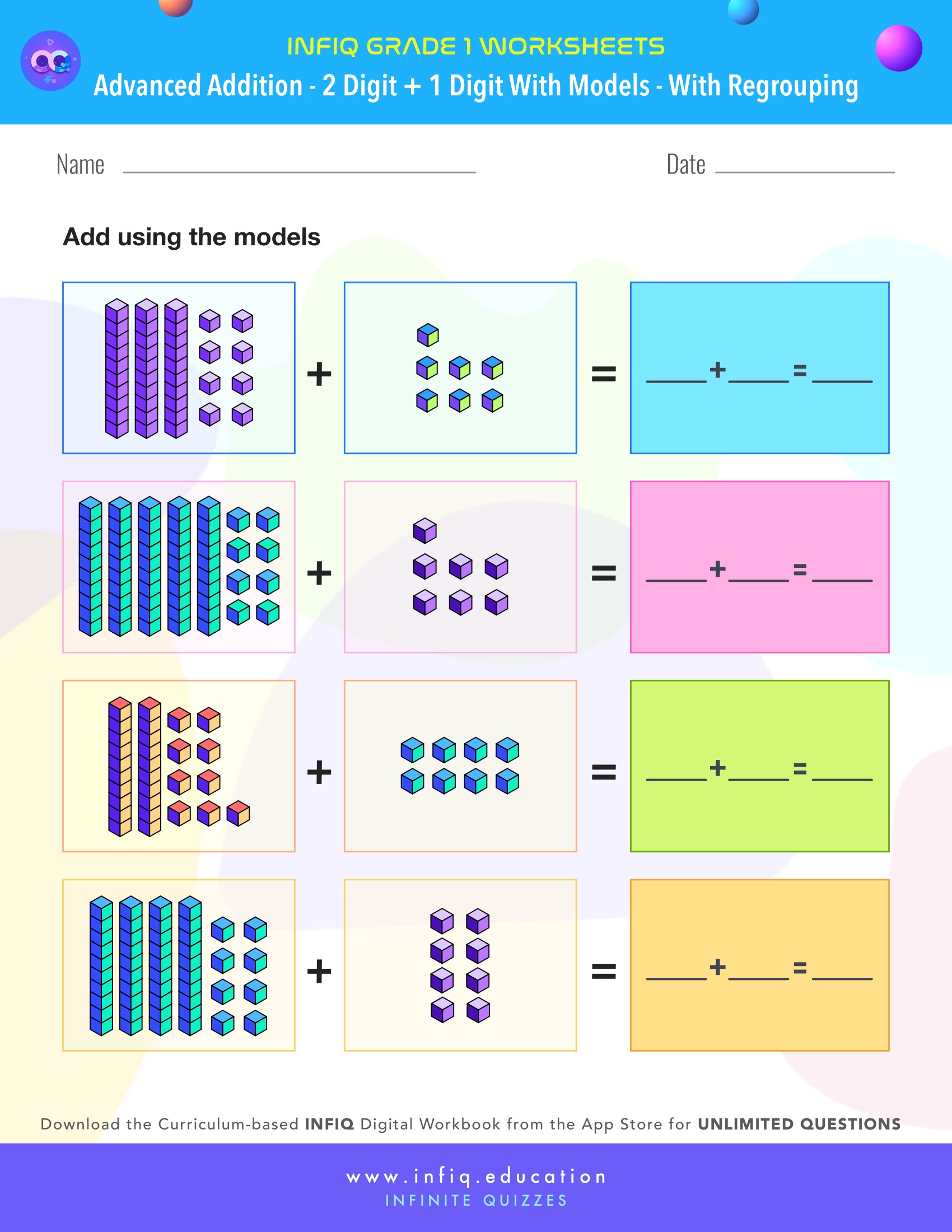 INFIQ | GRADE 1 Math Worksheets- Advanced Addition - 2 Digit + 1 Digit ...