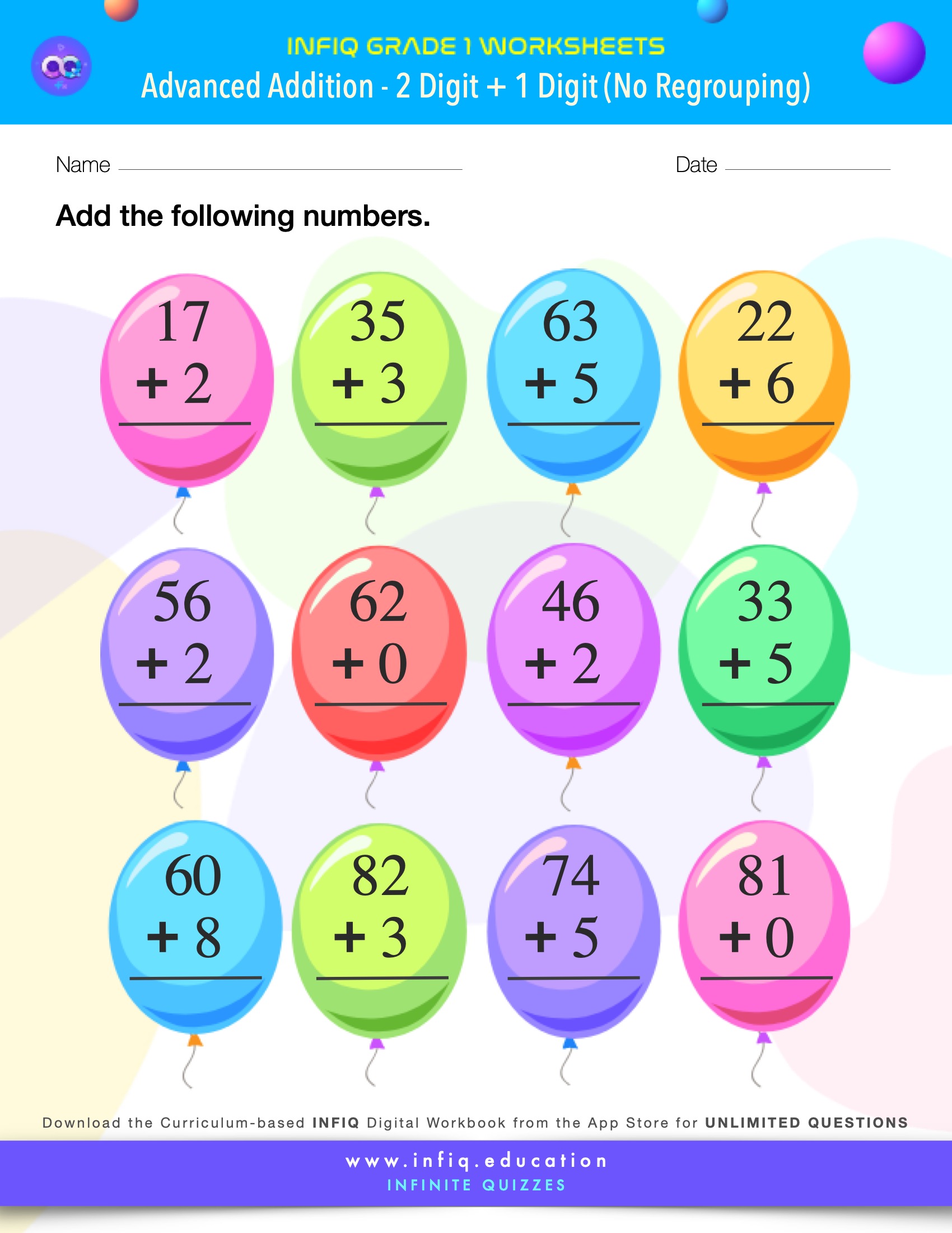 INFIQ | GRADE 1 Math Worksheets- Advanced Addition - 2 Digit + 1 Digit ...