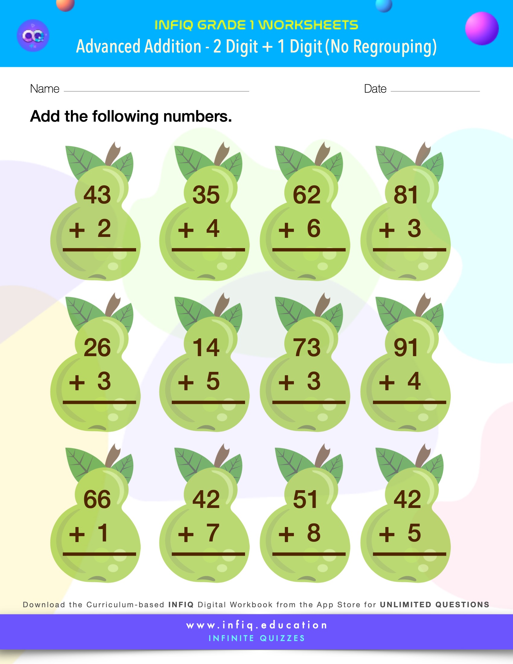 INFIQ | GRADE 1 Math Worksheets- Advanced Addition - 2 Digit + 1 Digit ...