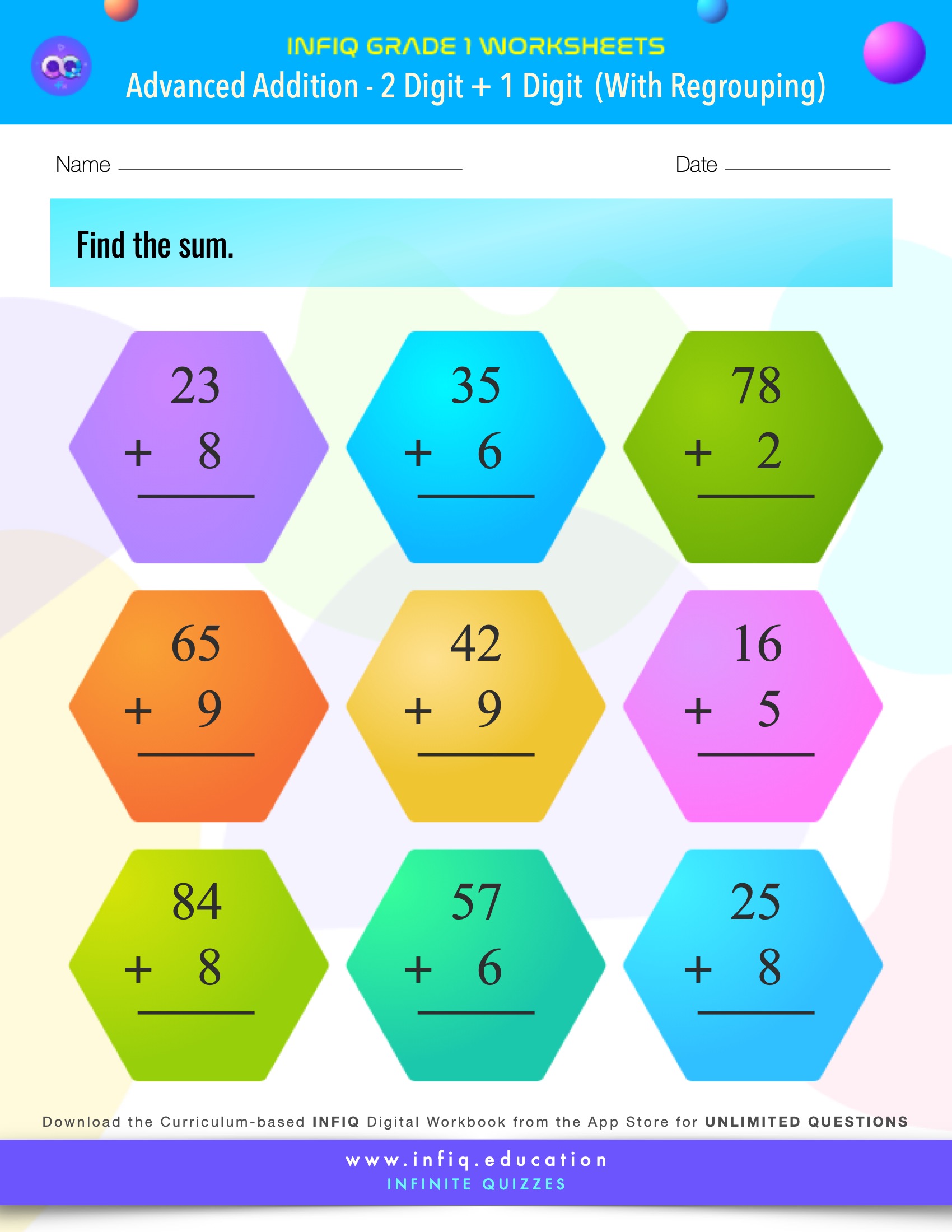 INFIQ | GRADE 1 Math Worksheets- Advanced Addition - 2 Digit + 1 Digit ...