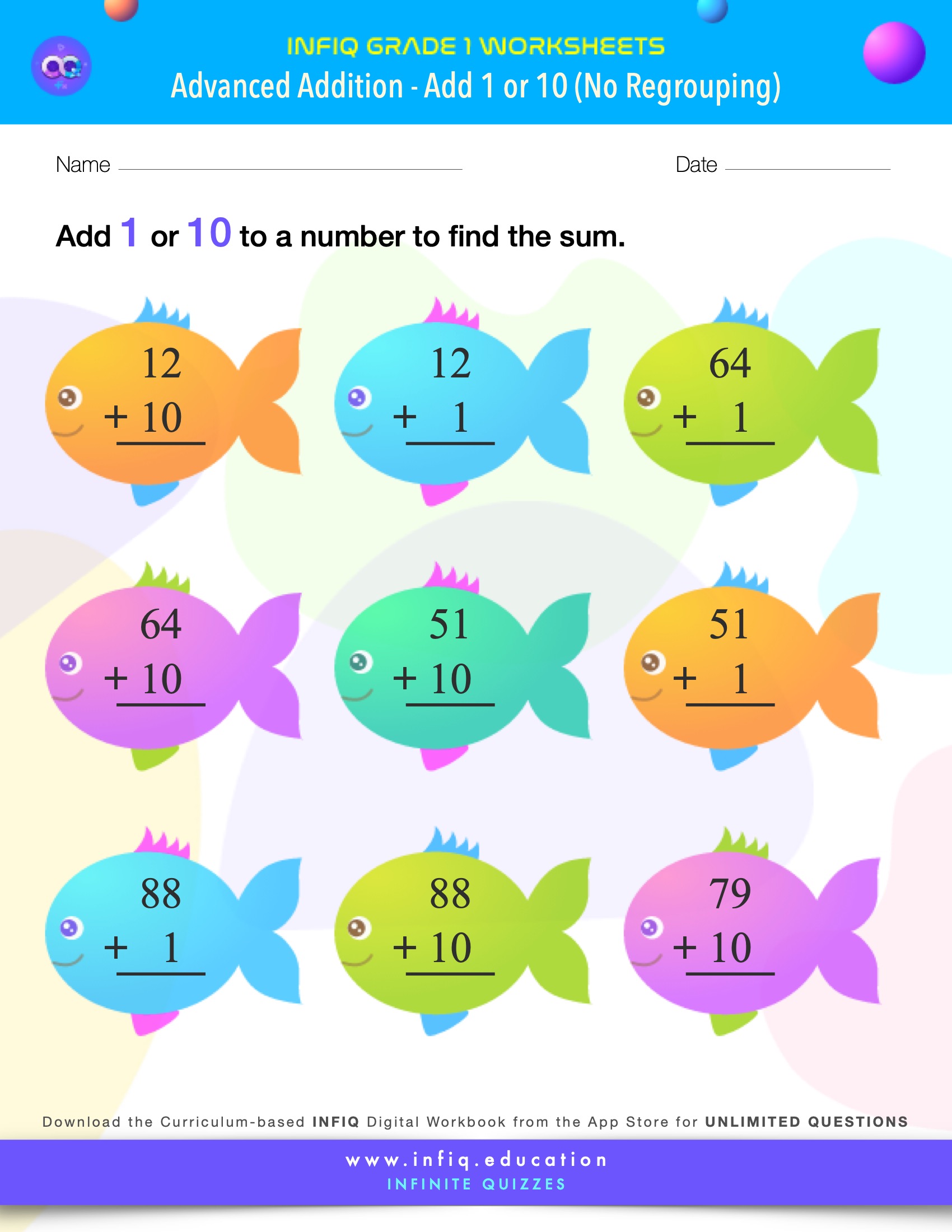 INFIQ | GRADE 1 Math Worksheets- Advanced Addition - Add 1 or 10 – No ...