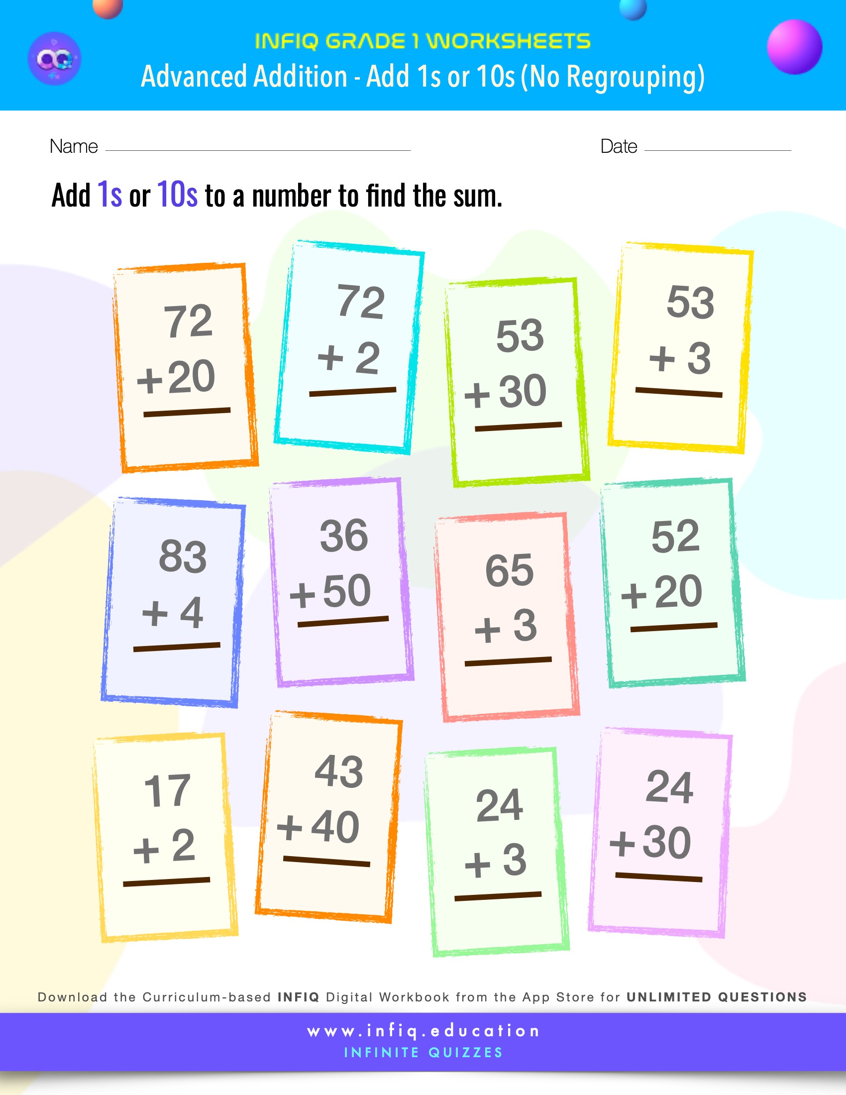 INFIQ | GRADE 1 Math Worksheets- Advanced Addition - Add 1s or 10s – No ...