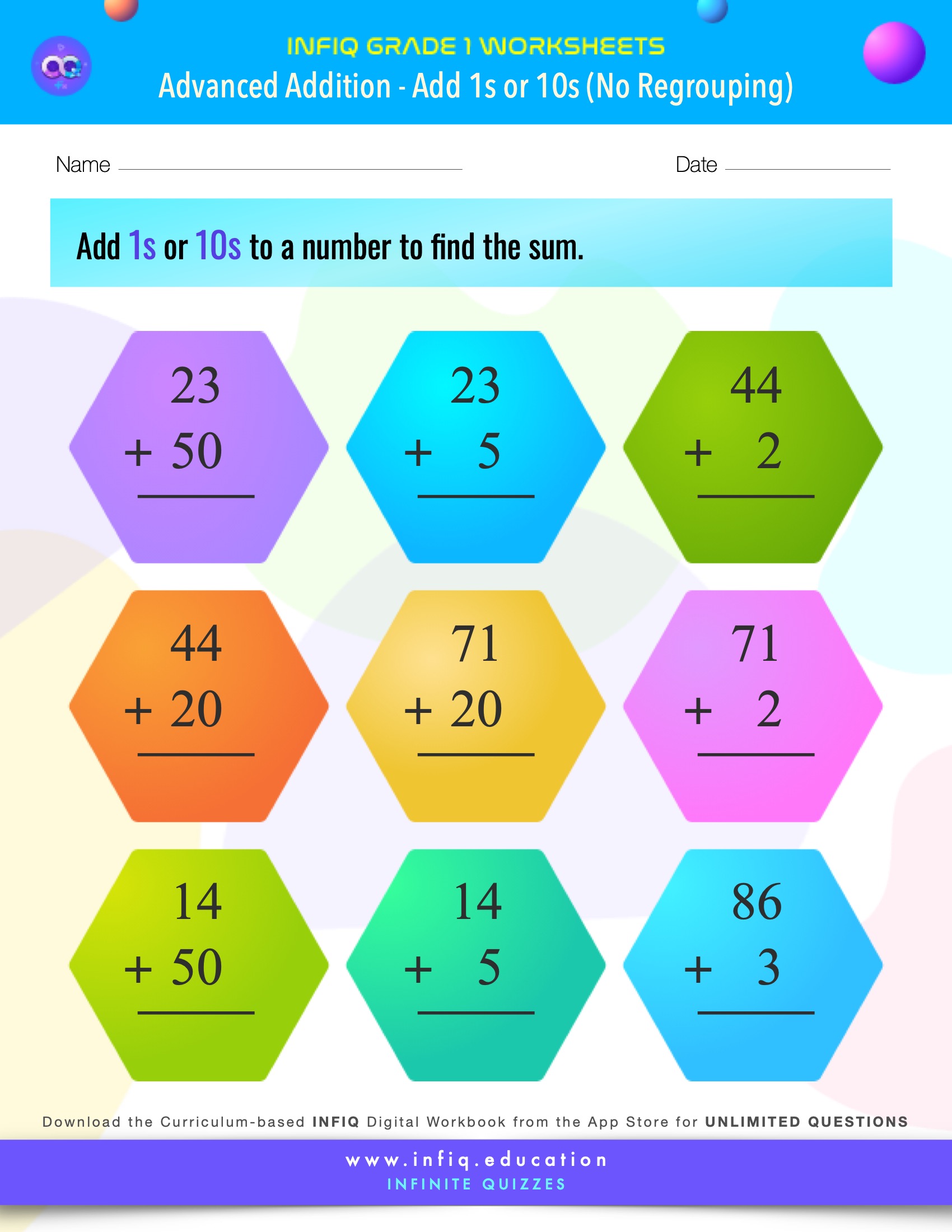 INFIQ | GRADE 1 Math Worksheets- Advanced Addition - Add 1s or 10s – No ...