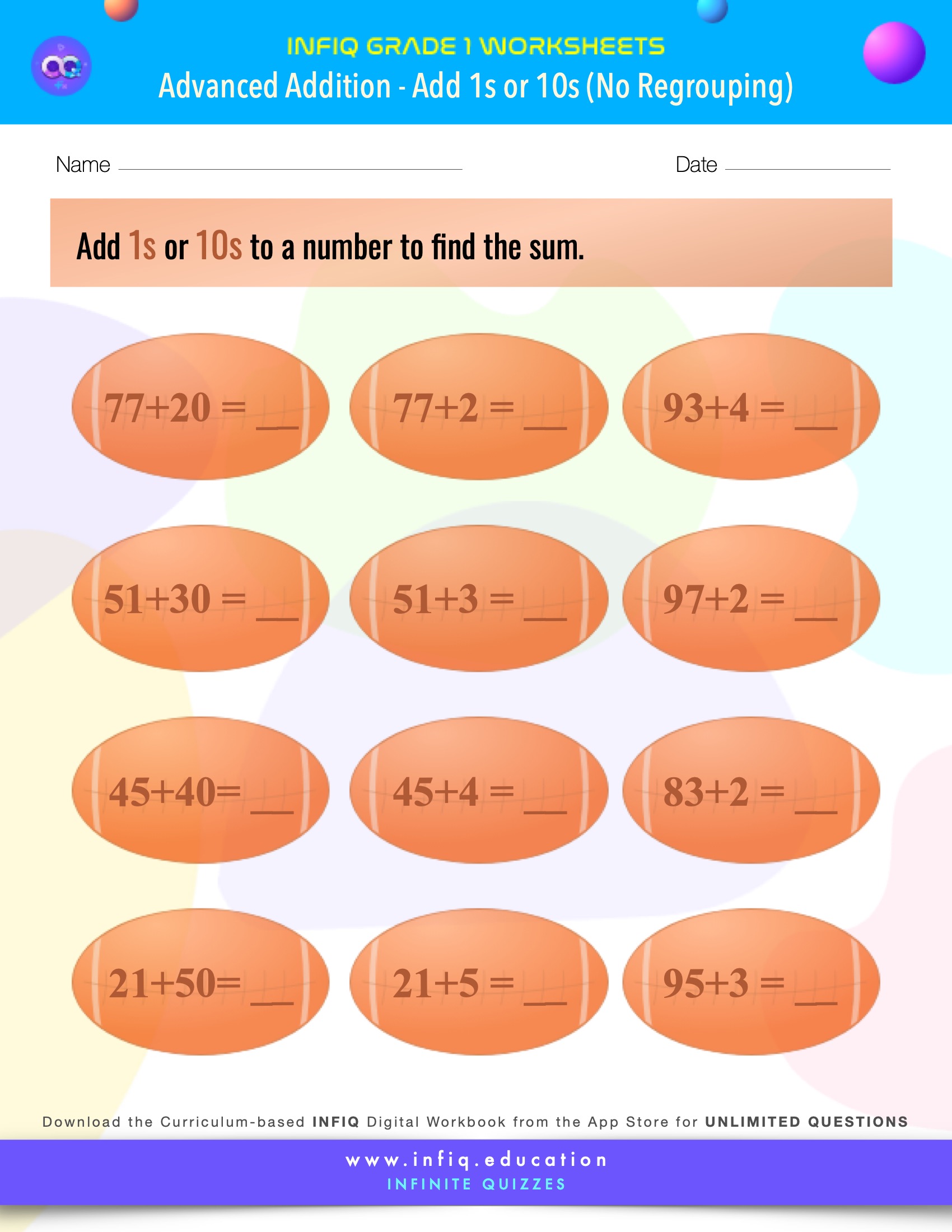 INFIQ | GRADE 1 Math Worksheets- Advanced Addition - Add 1s or 10s – No ...