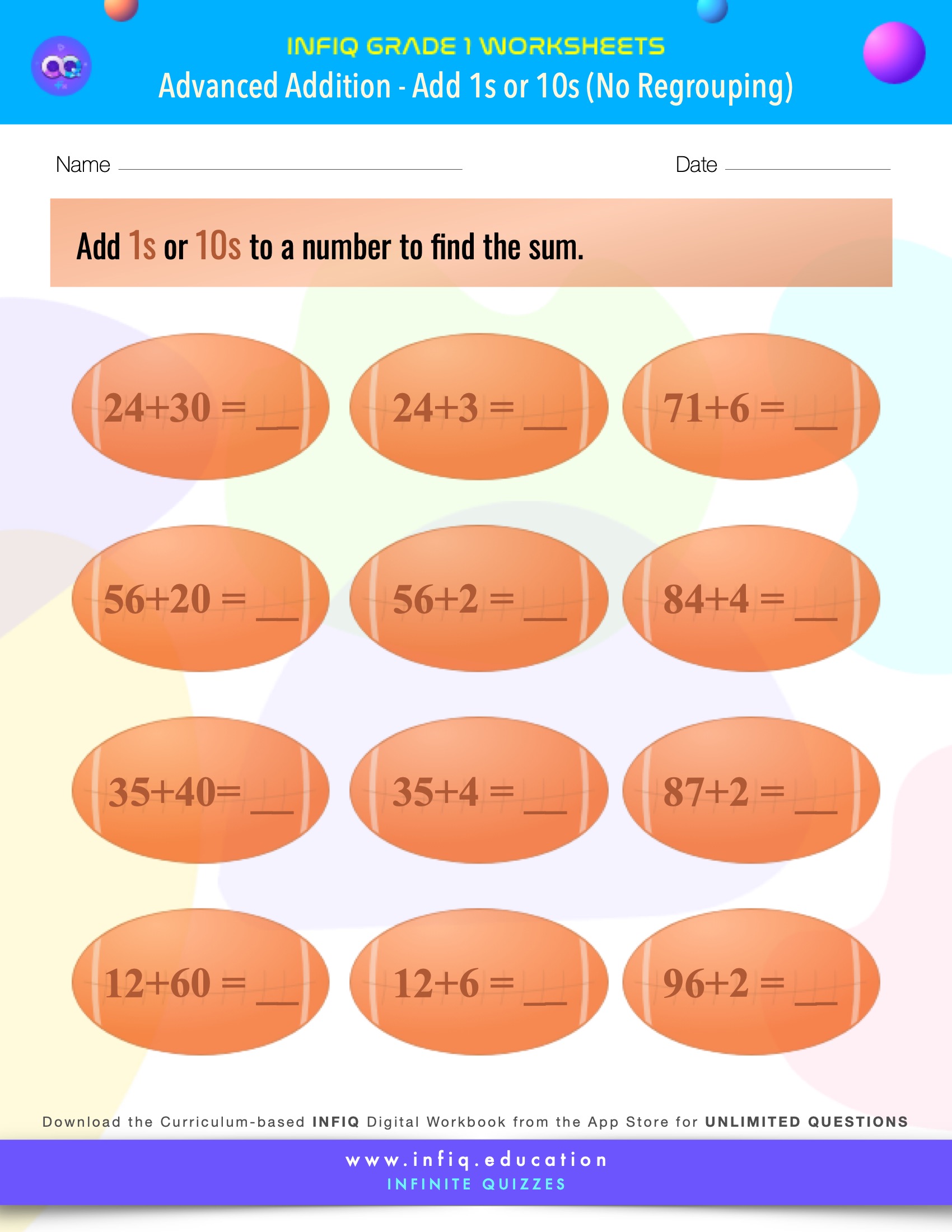 INFIQ | GRADE 1 Math Worksheets- Advanced Addition - Add 1s or 10s – No ...