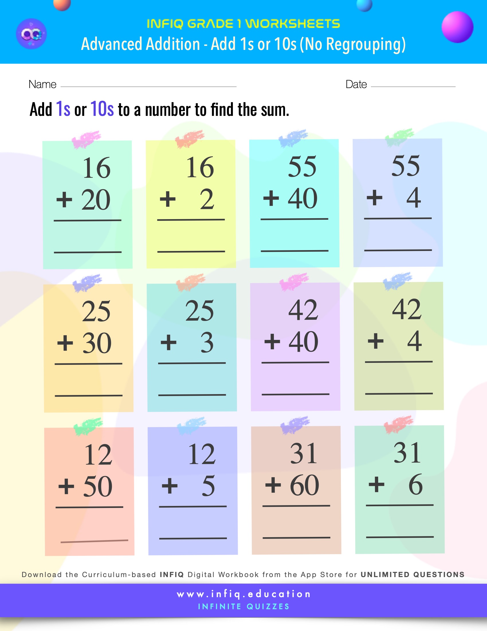 INFIQ | GRADE 1 Math Worksheets- Advanced Addition - Add 1s or 10s – No ...