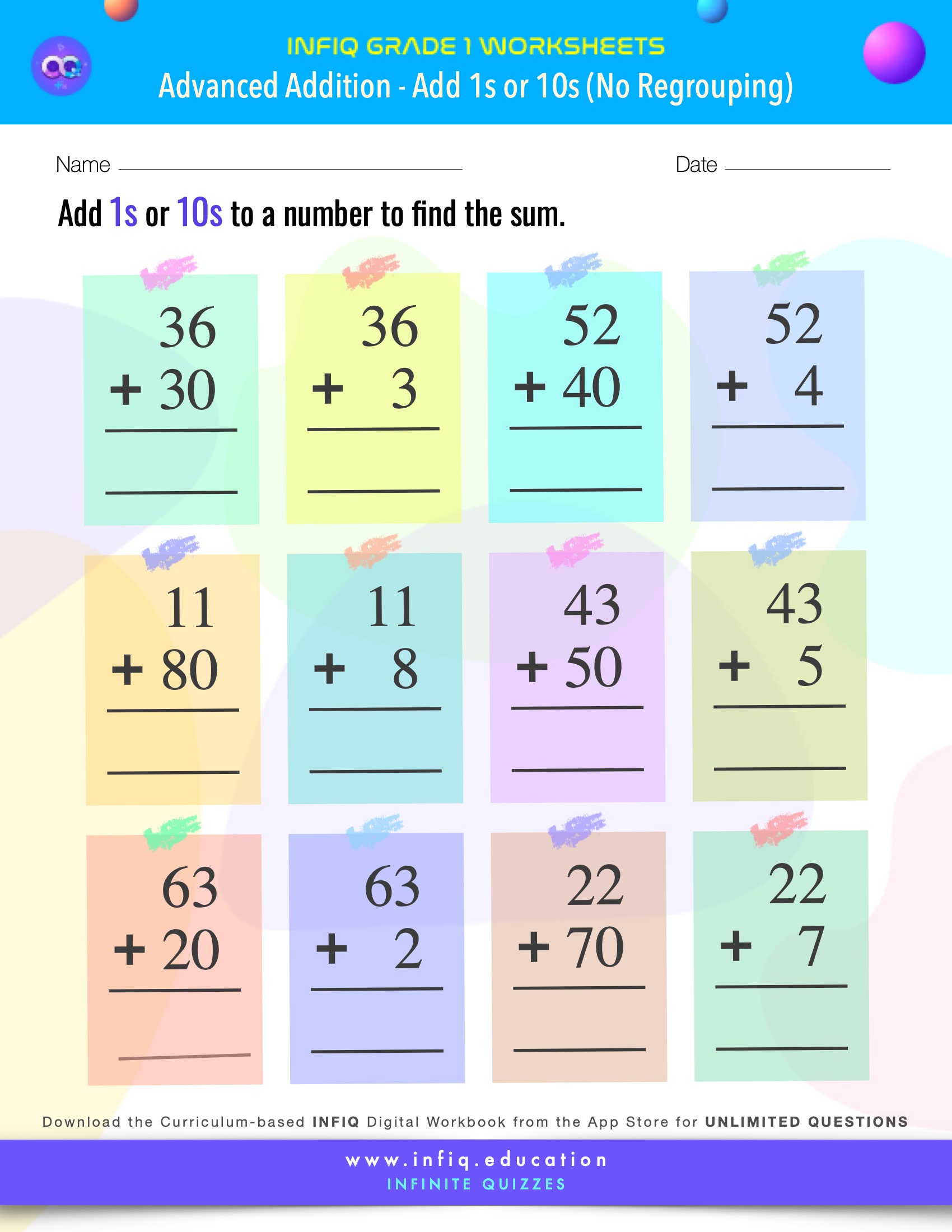 INFIQ | GRADE 1 Math Worksheets- Advanced Addition - Add 1s or 10s – No ...