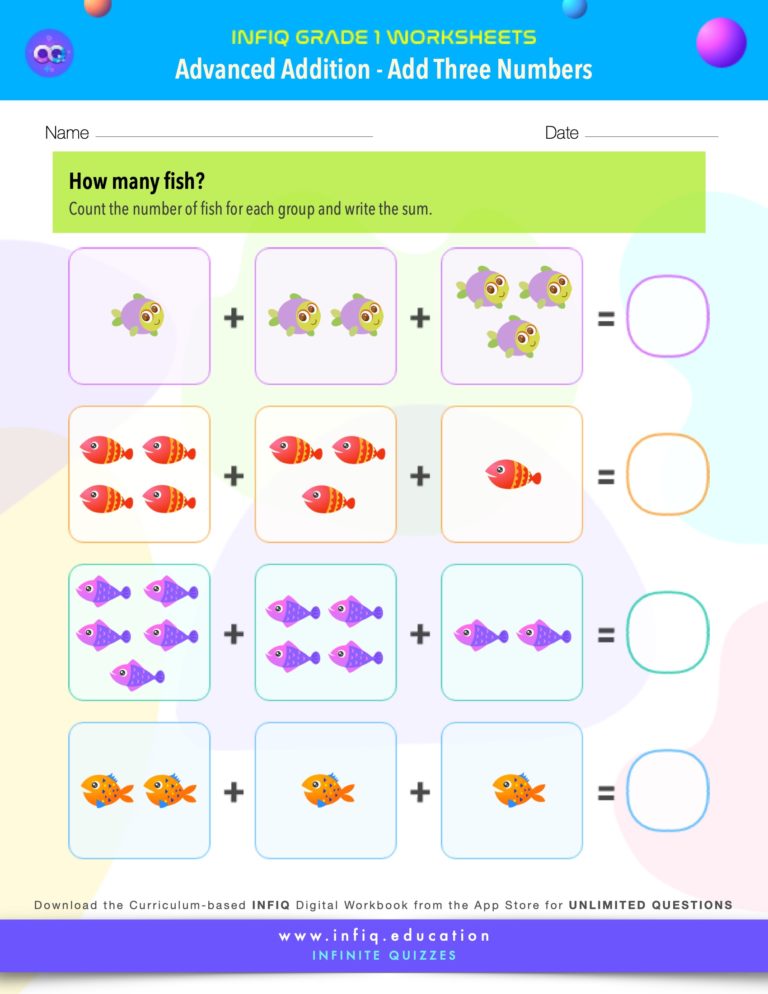 INFIQ | GRADE 1 Math Worksheets- Advanced Addition - Add Three Numbers