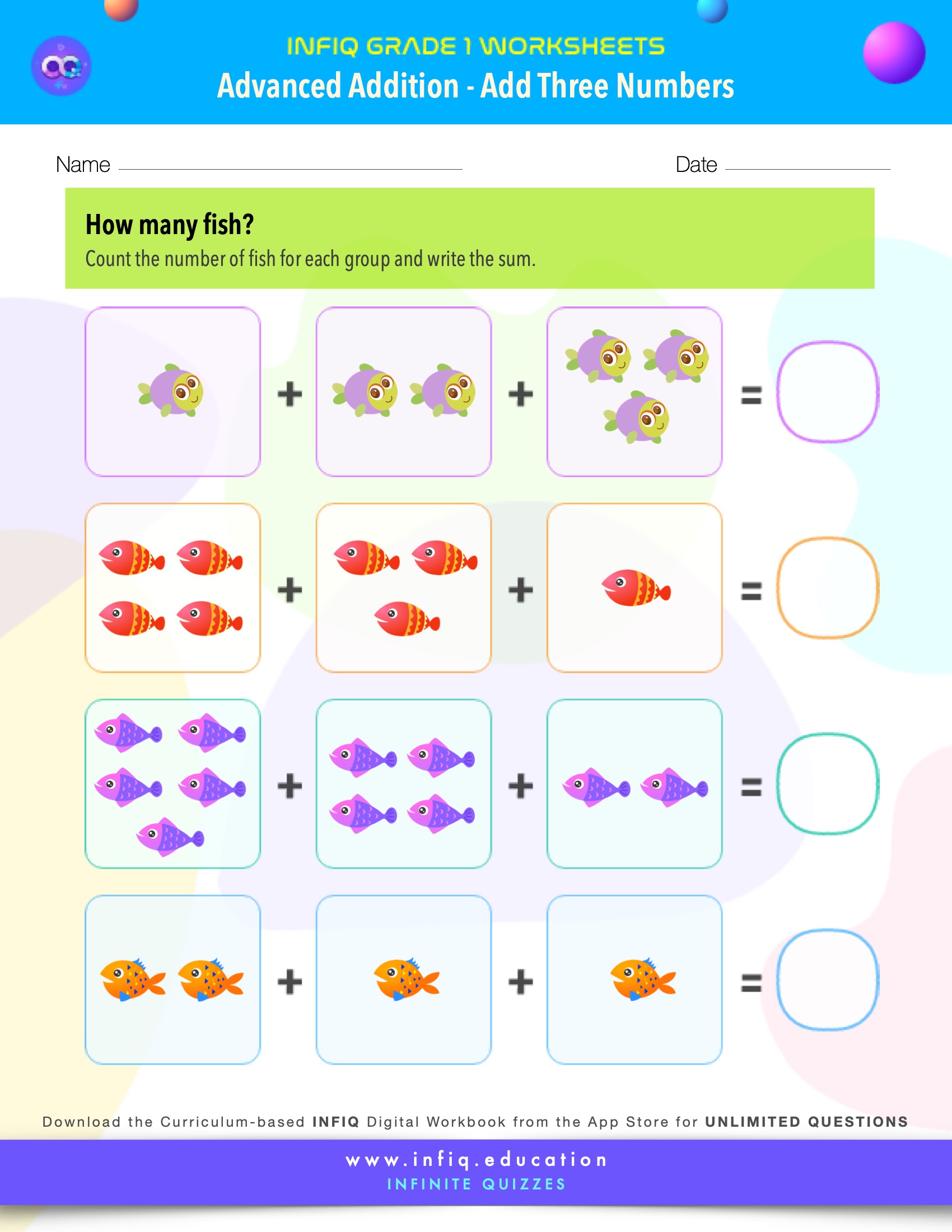 INFIQ | GRADE 1 Math Worksheets- Advanced Addition - Add Three Numbers