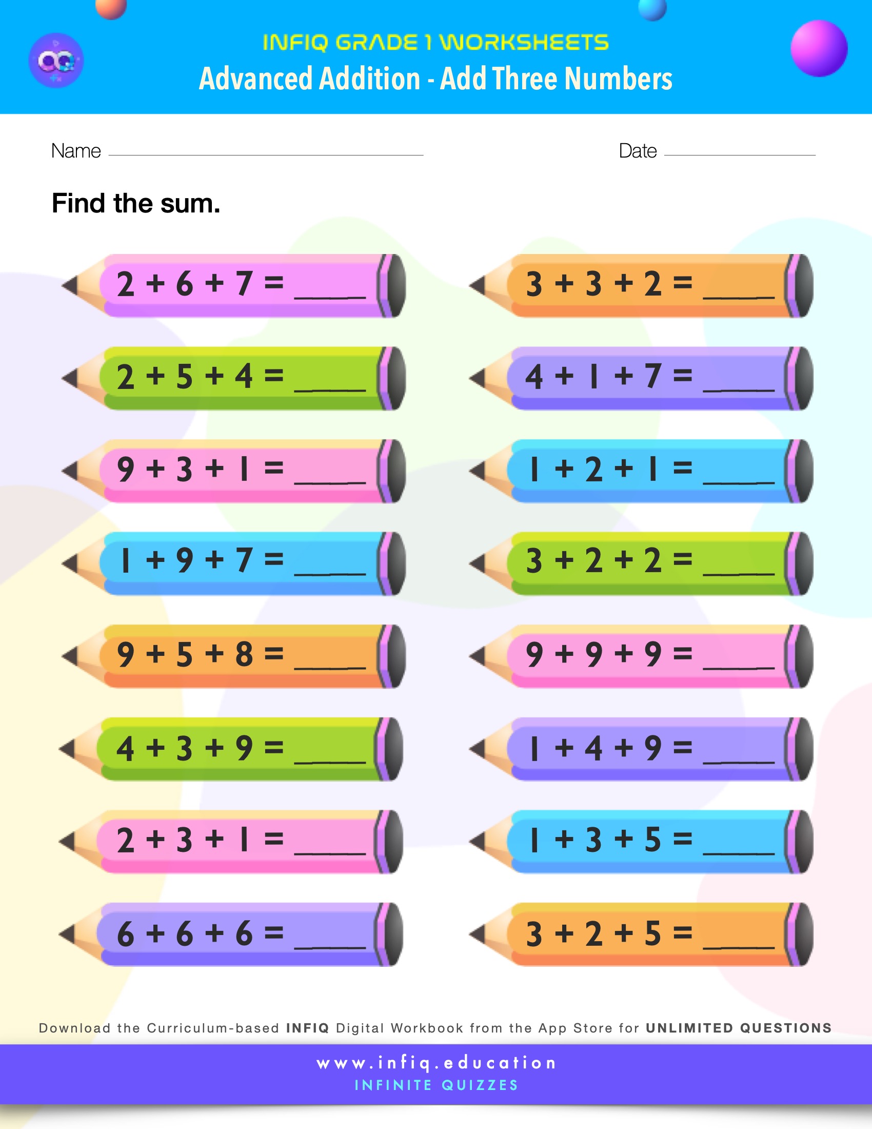 INFIQ | GRADE 1 Math Worksheets- Advanced Addition - Add Three Numbers