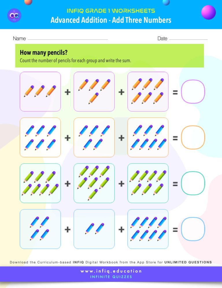 INFIQ | GRADE 1 Math Worksheets- Advanced Addition - Add Three Numbers