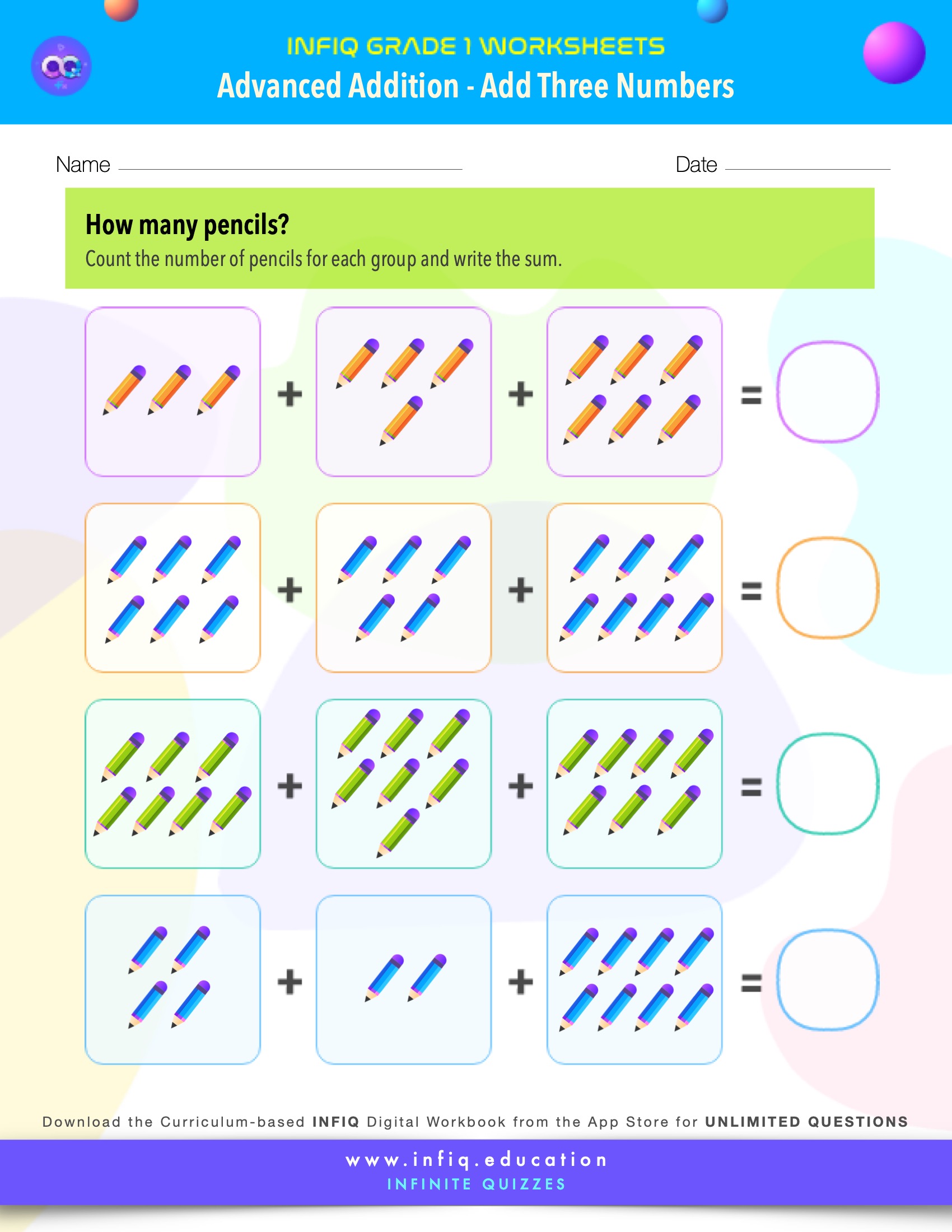 INFIQ | GRADE 1 Math Worksheets- Advanced Addition - Add Three Numbers
