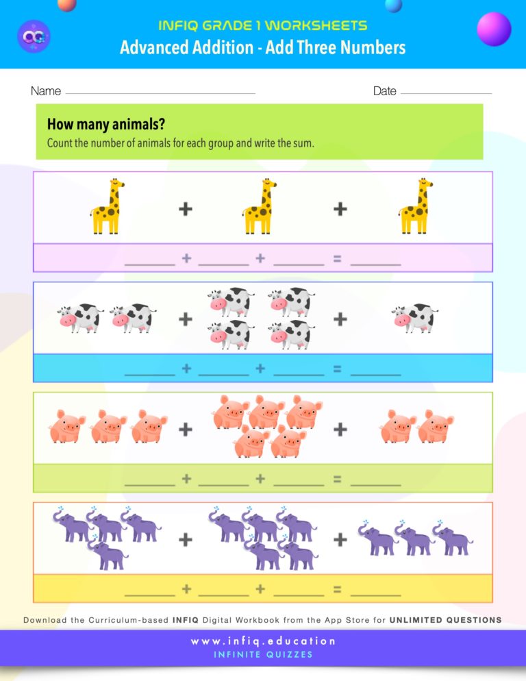 INFIQ | GRADE 1 Math Worksheets- Advanced Addition - Add Three Numbers