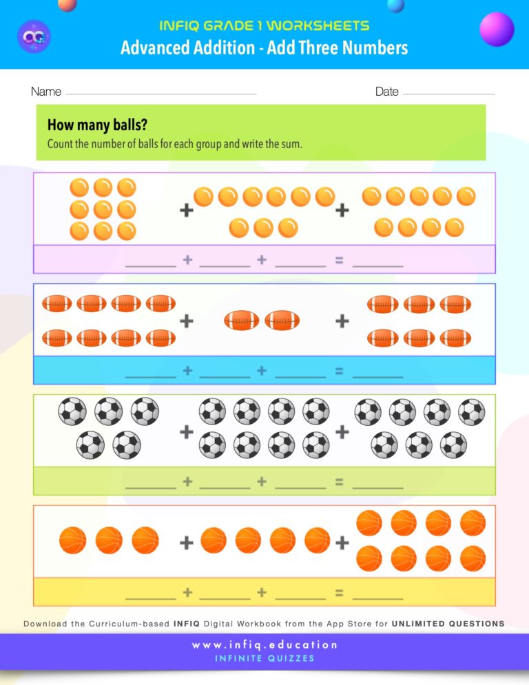 INFIQ | GRADE 1 Math Worksheets- Advanced Addition - Add Three Numbers