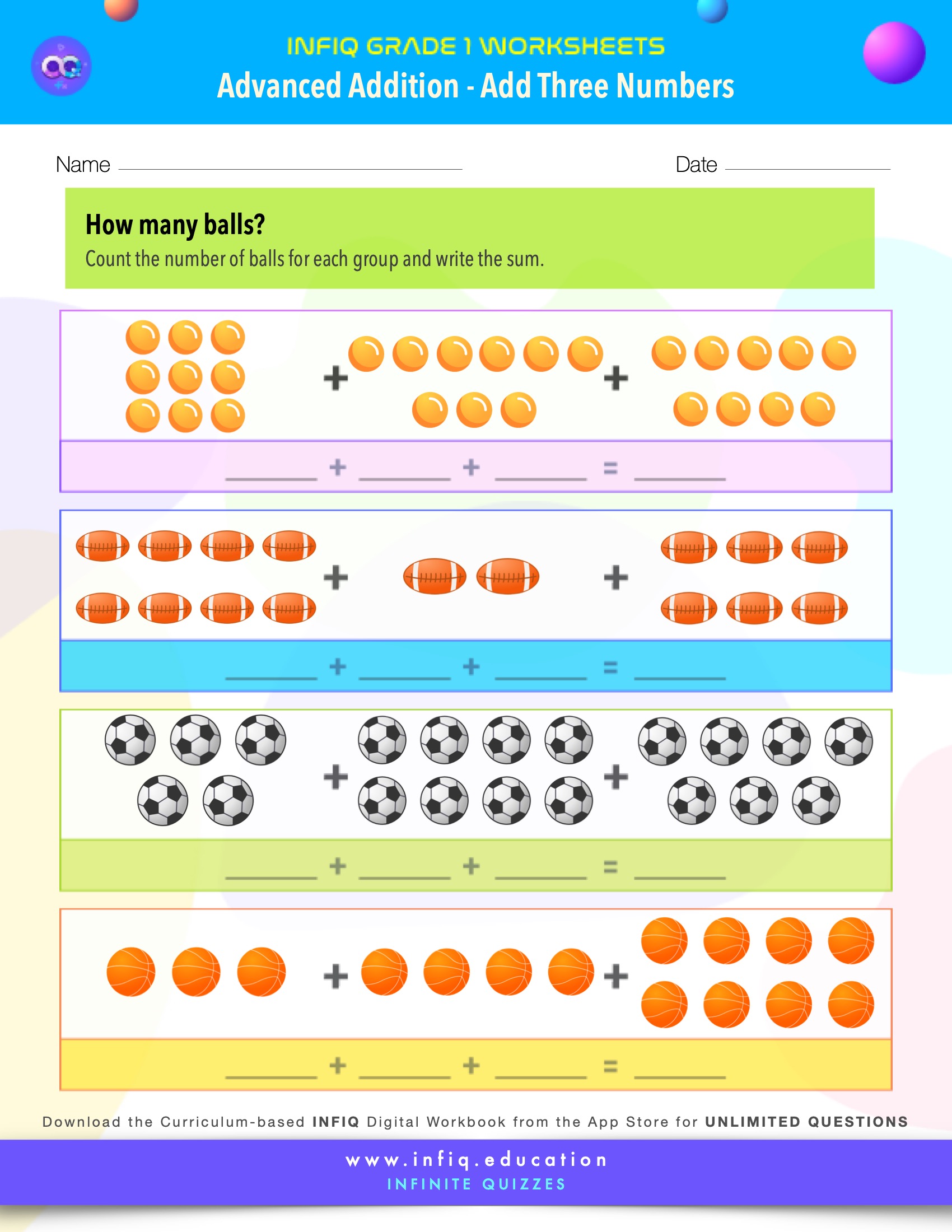 INFIQ | GRADE 1 Math Worksheets- Advanced Addition - Add Three Numbers
