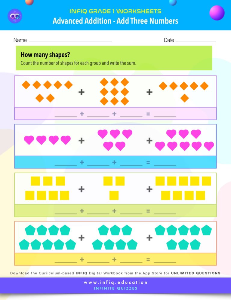INFIQ | GRADE 1 Math Worksheets- Advanced Addition - Add Three Numbers