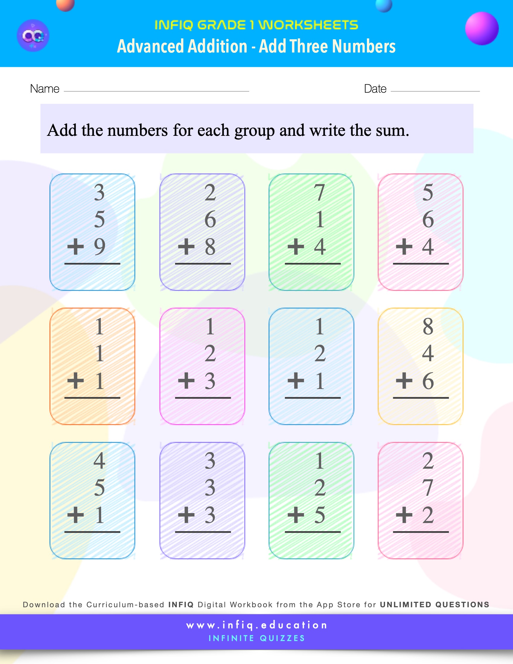 INFIQ | GRADE 1 Math Worksheets- Advanced Addition - Add Three Numbers