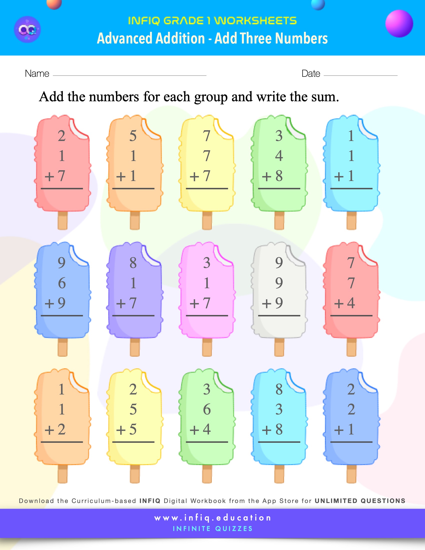 INFIQ | GRADE 1 Math Worksheets- Advanced Addition - Add Three Numbers