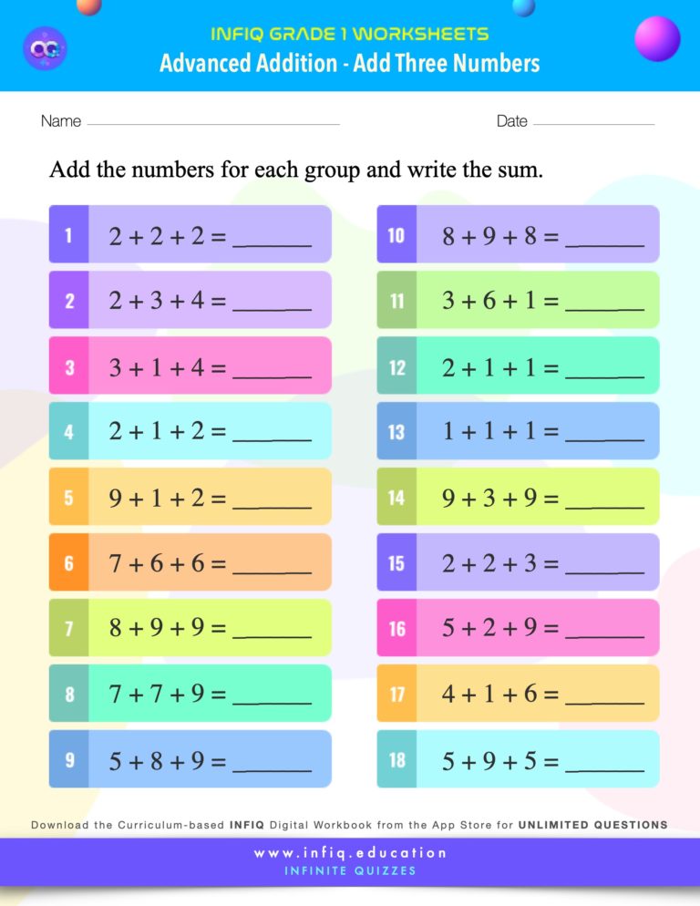 INFIQ | GRADE 1 Math Worksheets- Advanced Addition - Add Three Numbers