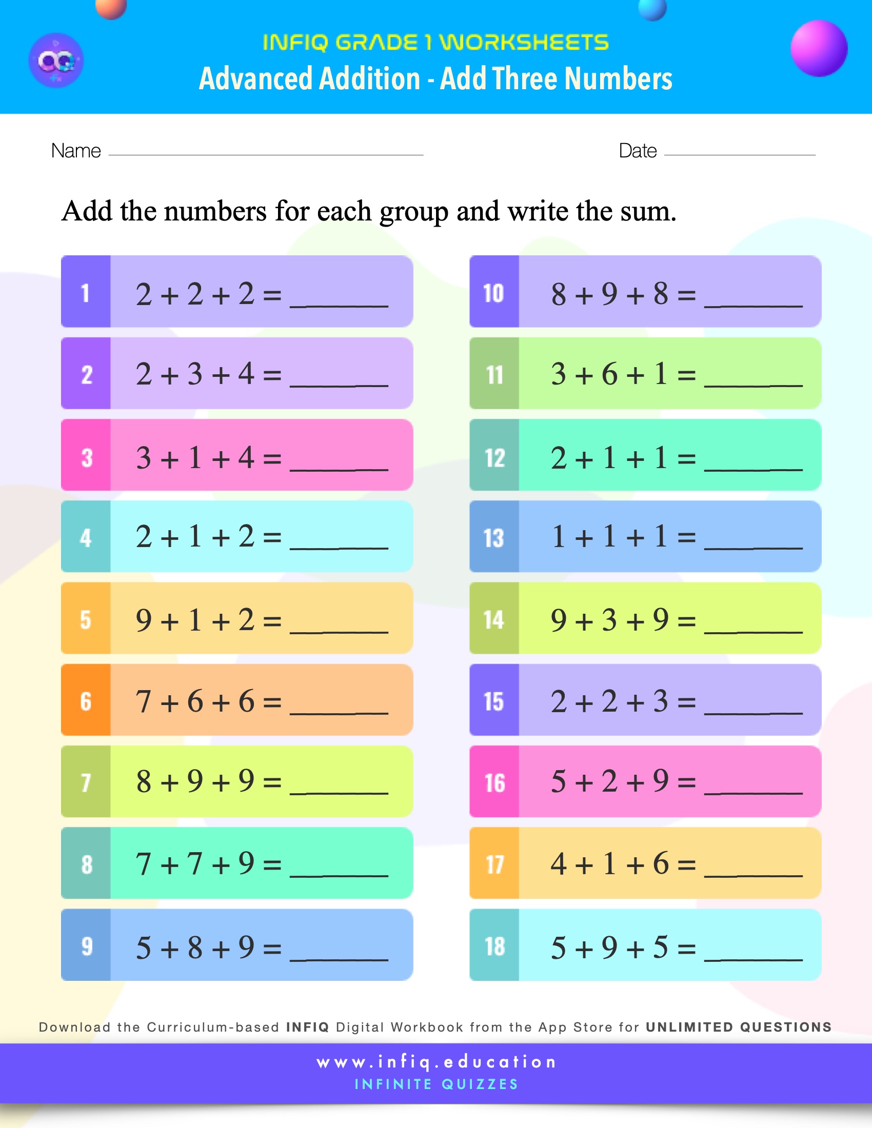 INFIQ | GRADE 1 Math Worksheets- Advanced Addition - Add Three Numbers
