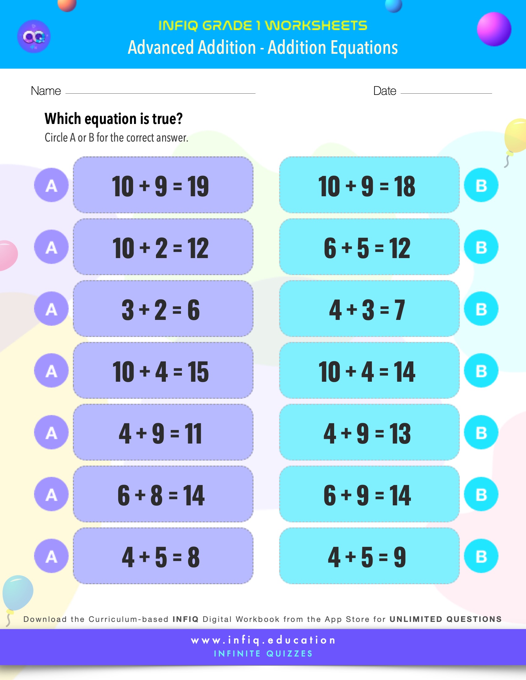 INFIQ | GRADE 1 Math Worksheets- Advanced Addition - Addition Equations