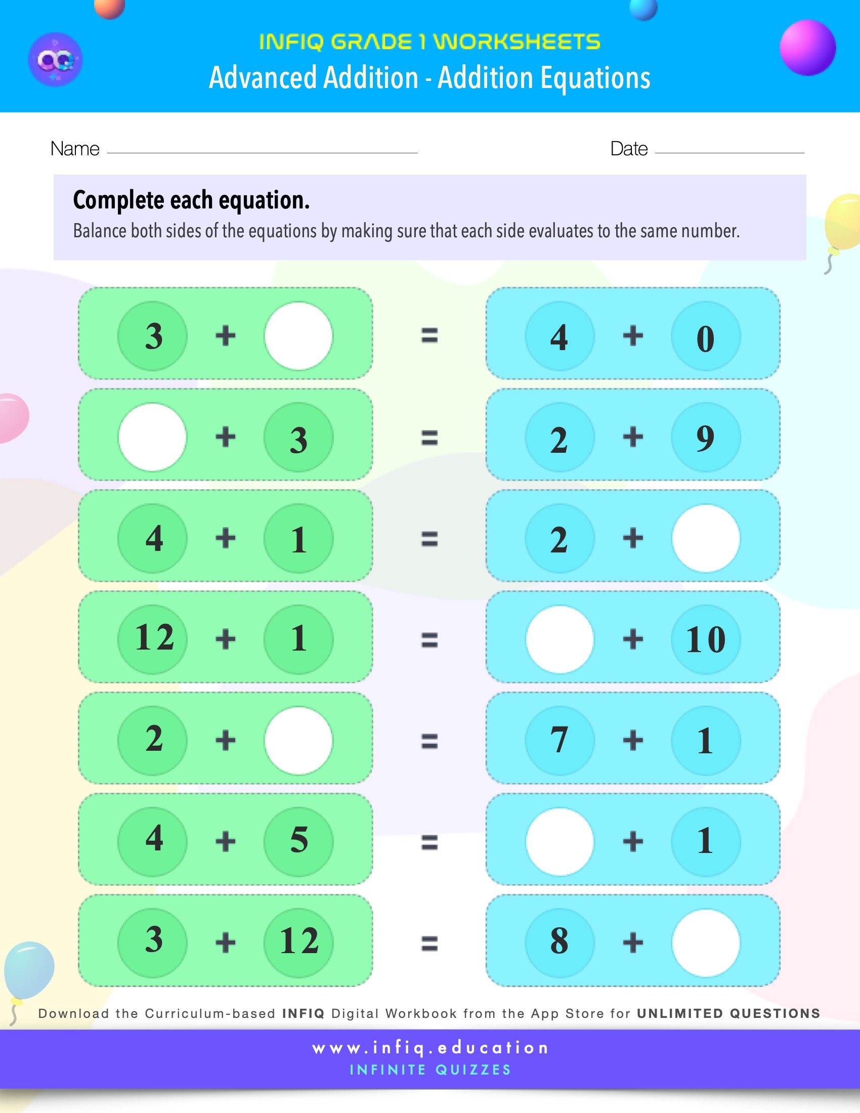 INFIQ | GRADE 1 Math Worksheets- Advanced Addition - Addition Equations