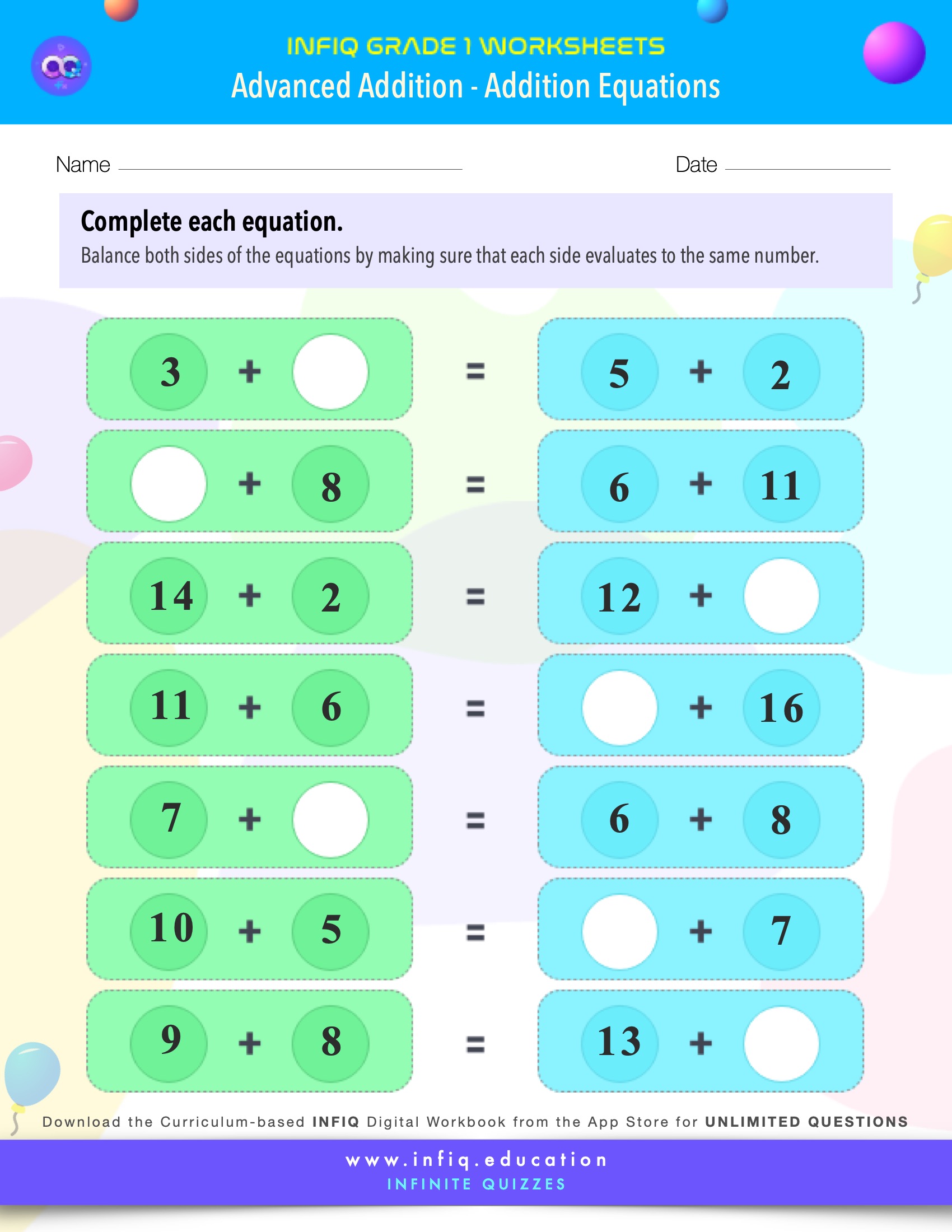 INFIQ | GRADE 1 Math Worksheets- Advanced Addition - Addition Equations