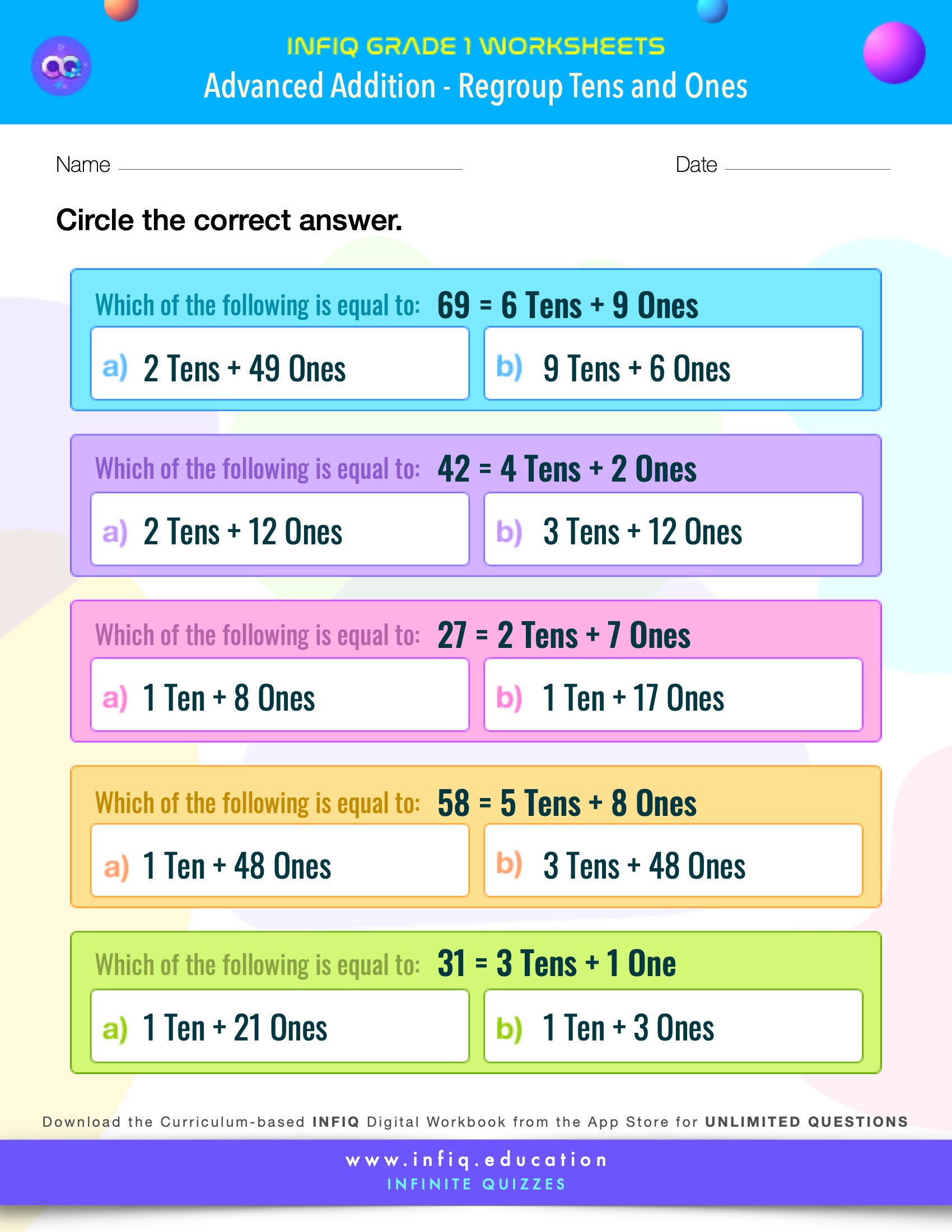 INFIQ | GRADE 1 Math Worksheets- Advanced Addition - Regroup Tens and Ones