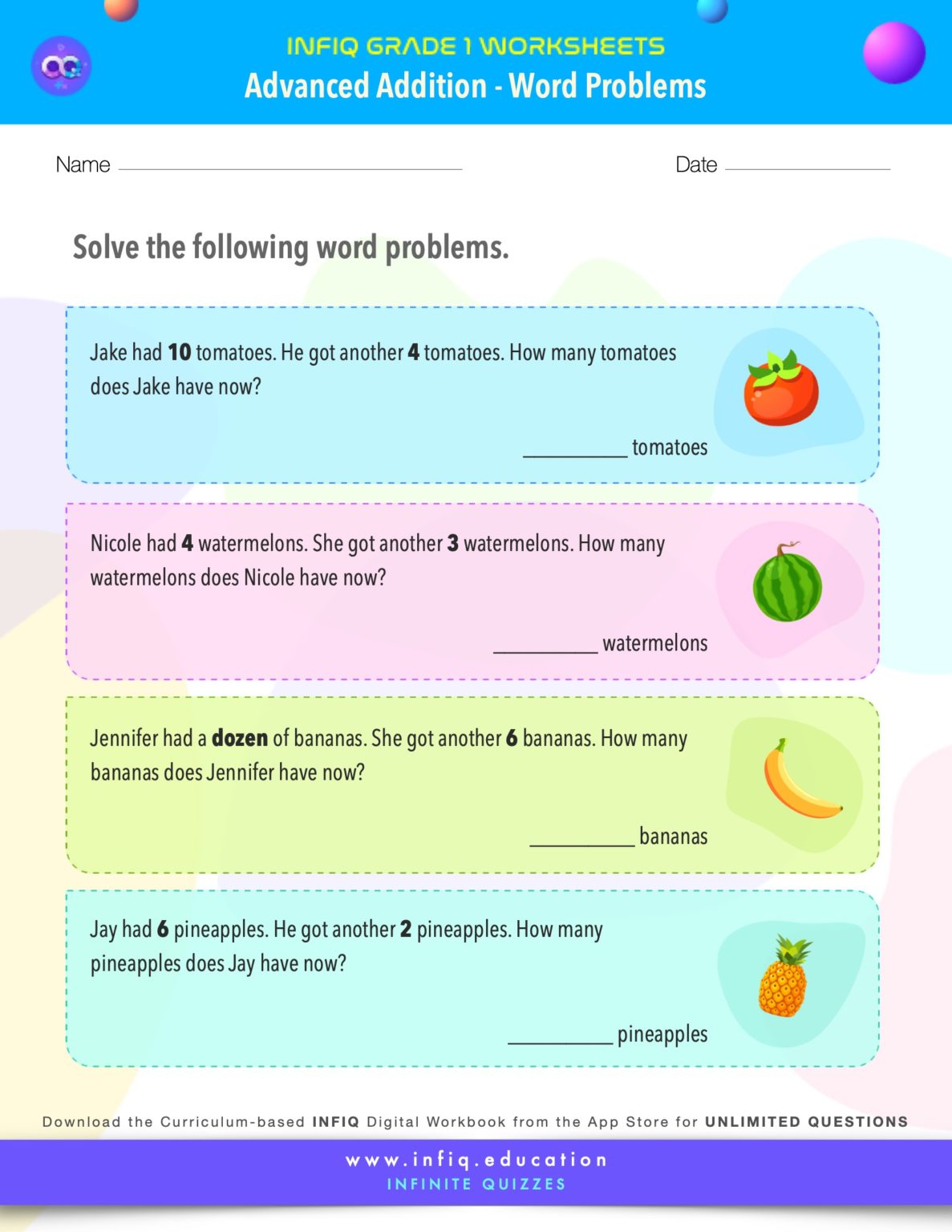 INFIQ | GRADE 1 Math Worksheets- Advanced Addition - Word Problems