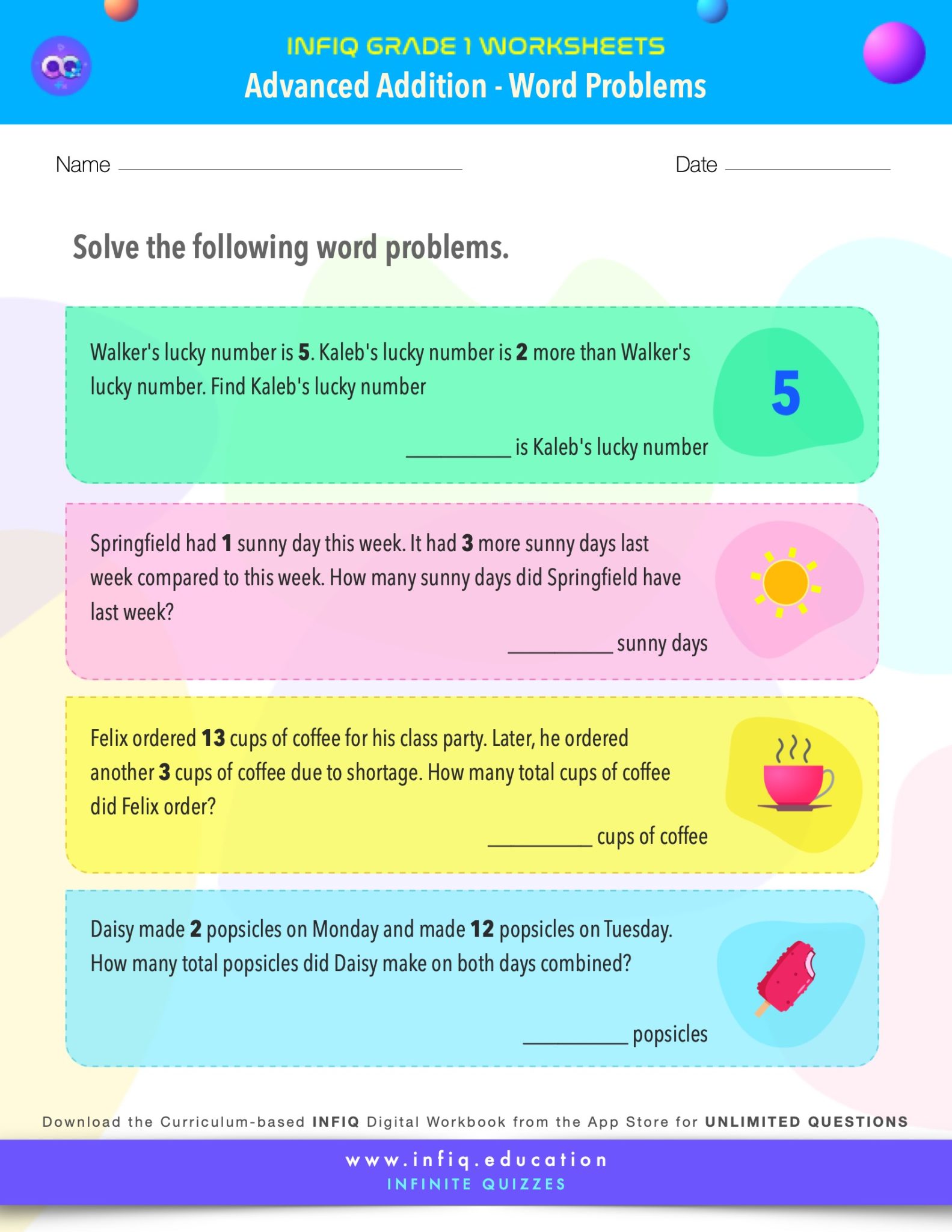 INFIQ | GRADE 1 Math Worksheets- Advanced Addition - Word Problems