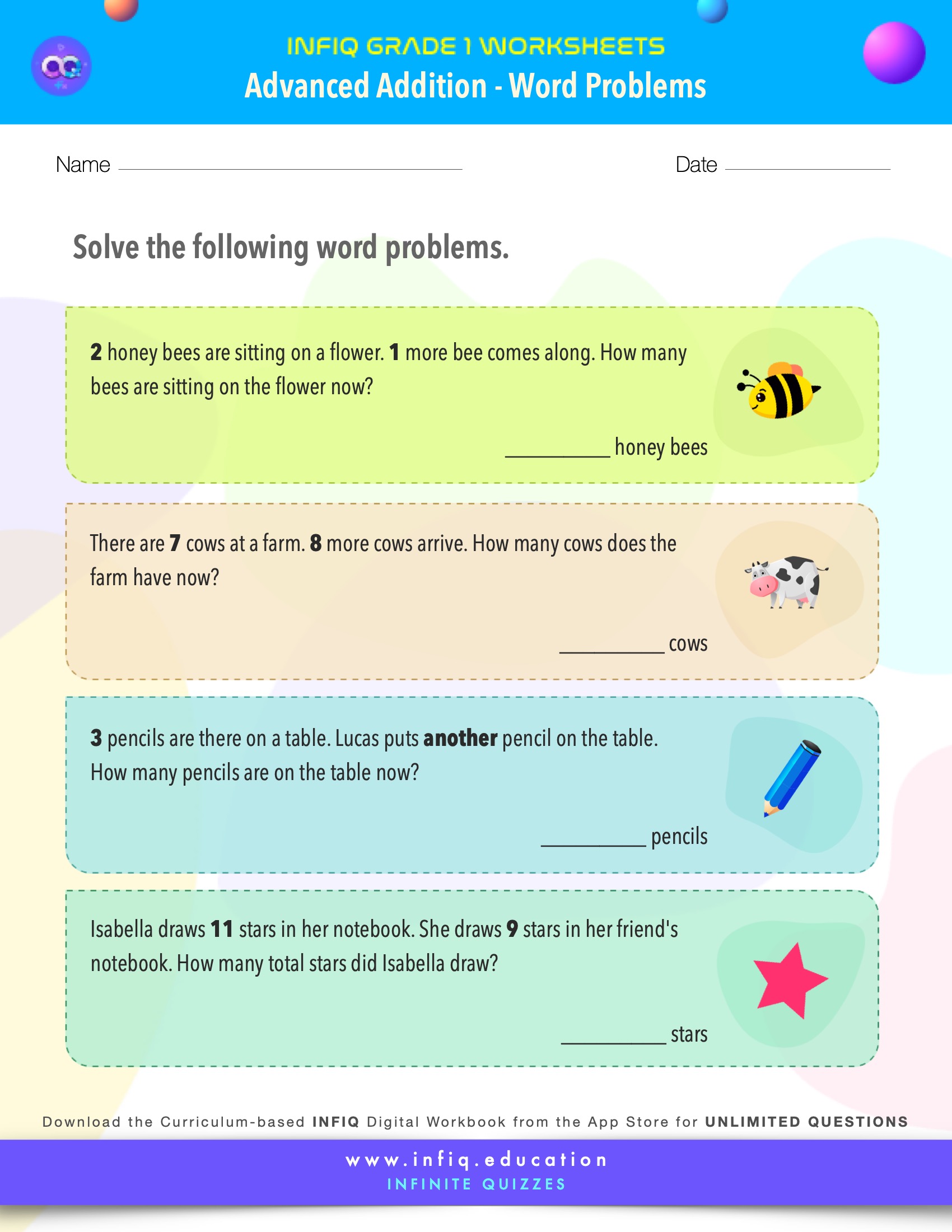 INFIQ | GRADE 1 Math Worksheets- Advanced Addition - Word Problems