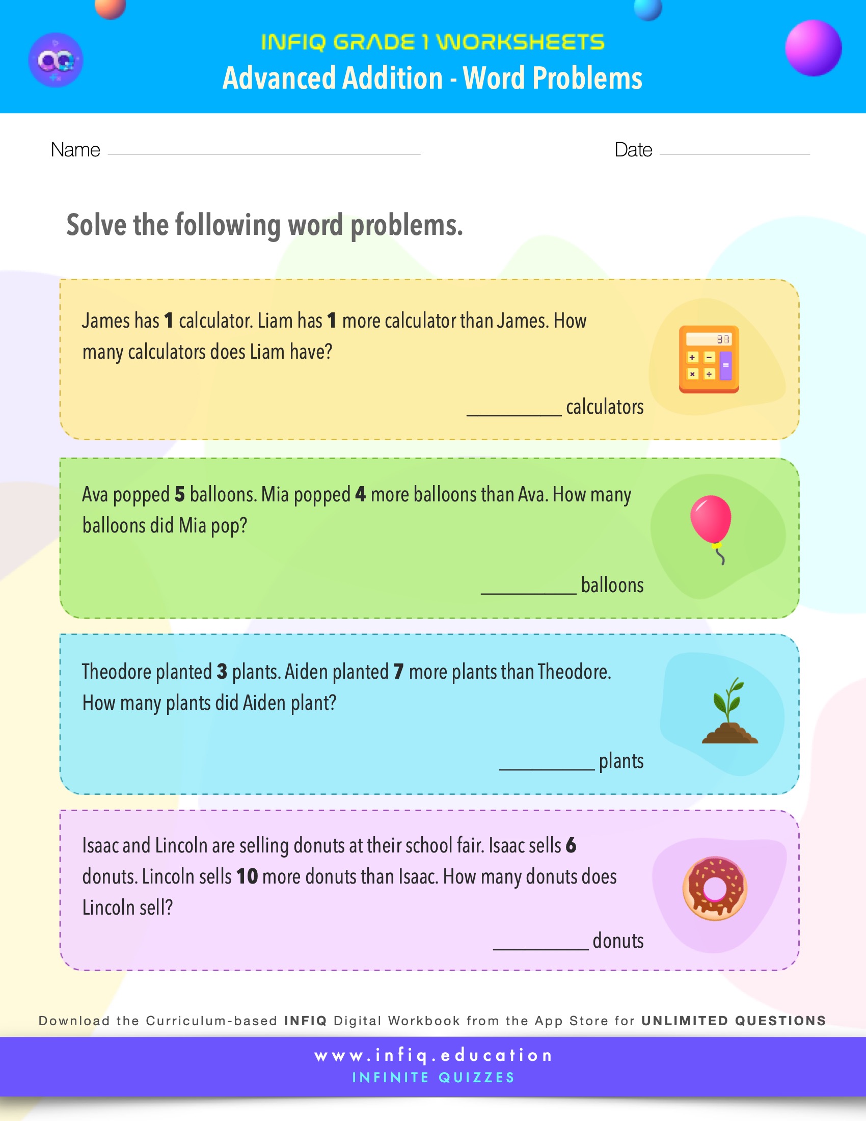 INFIQ | GRADE 1 Math Worksheets- Advanced Addition - Word Problems