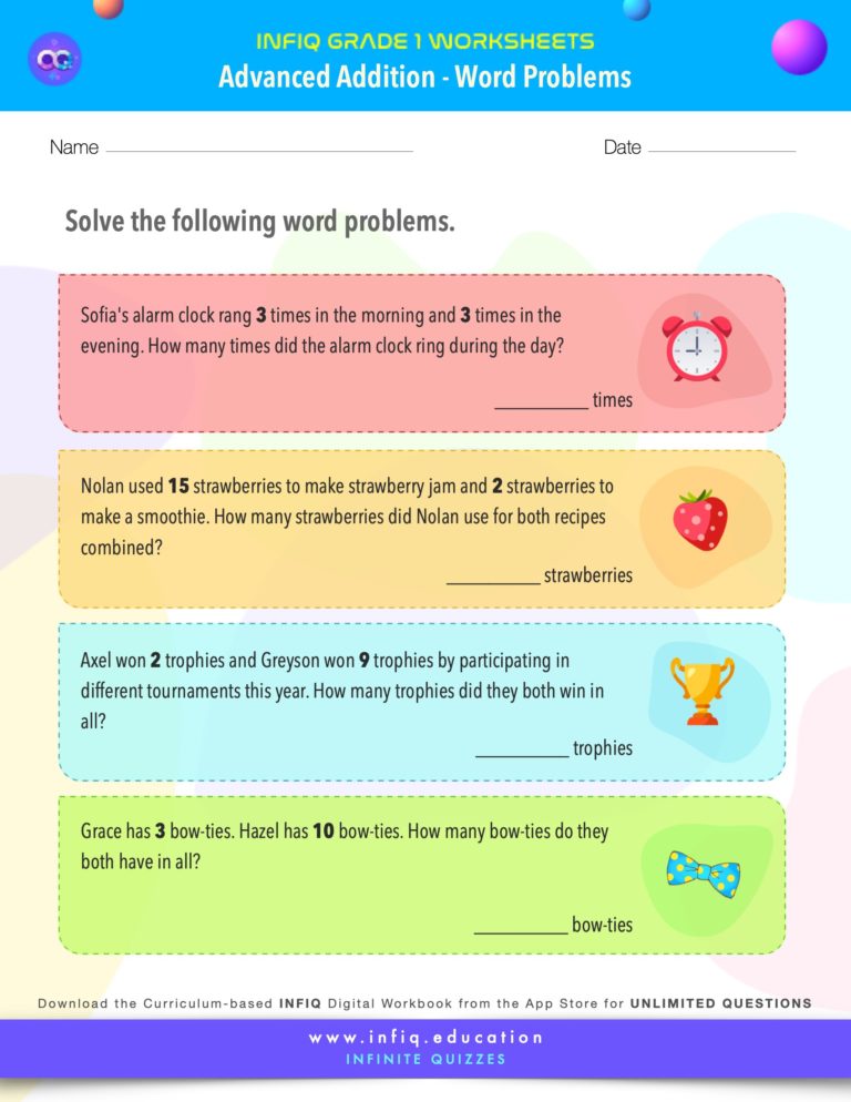 INFIQ | GRADE 1 Math Worksheets- Advanced Addition - Word Problems