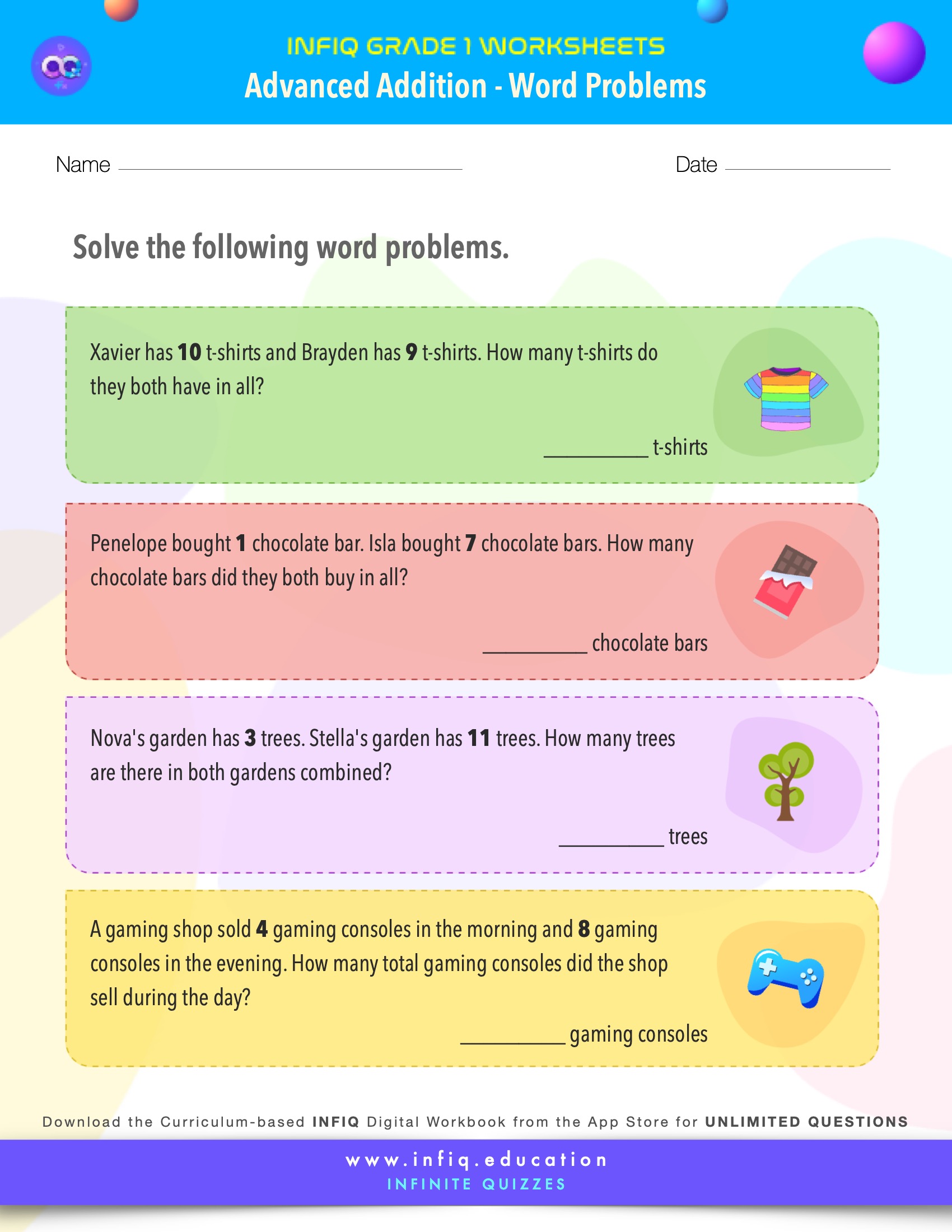 INFIQ | GRADE 1 Math Worksheets- Advanced Addition - Word Problems