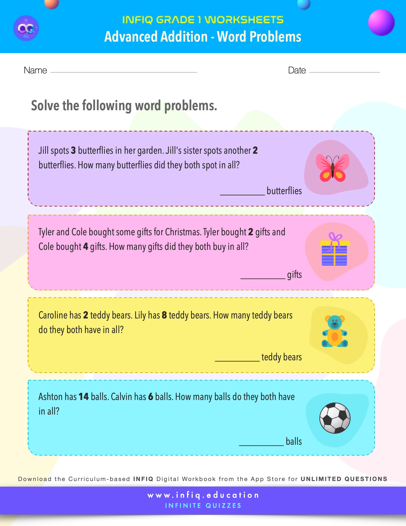 INFIQ | GRADE 1 Math Worksheets- Advanced Addition - Word Problems