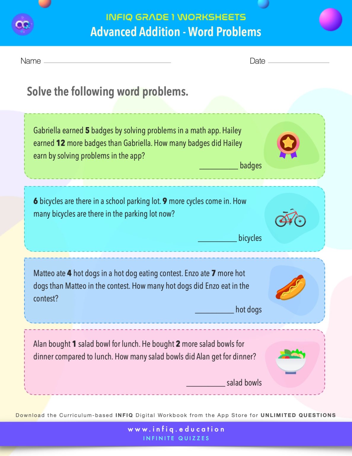 INFIQ | GRADE 1 Math Worksheets- Advanced Addition - Word Problems