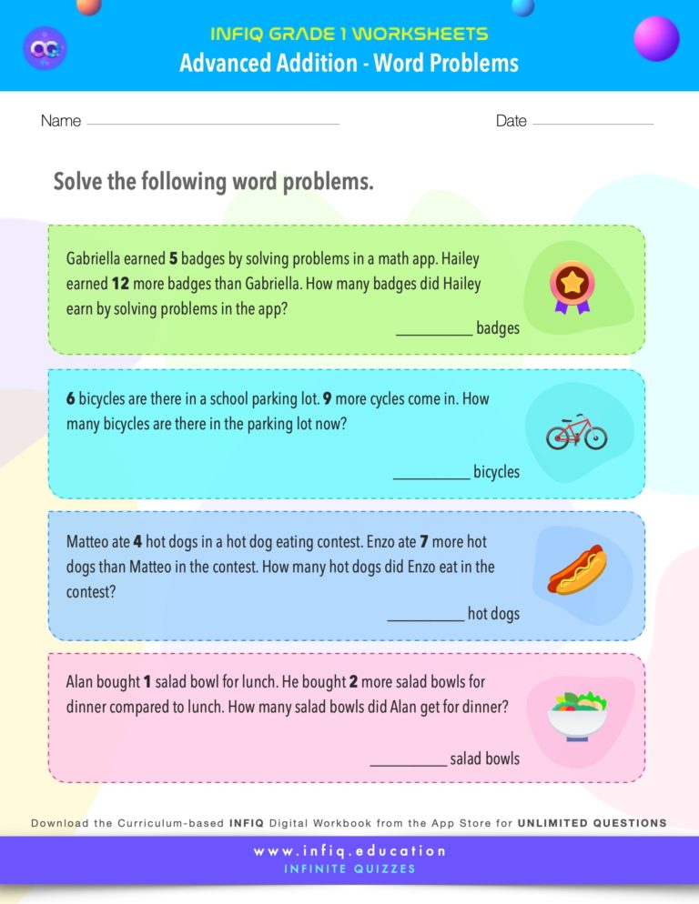 INFIQ | GRADE 1 Math Worksheets- Advanced Addition - Word Problems