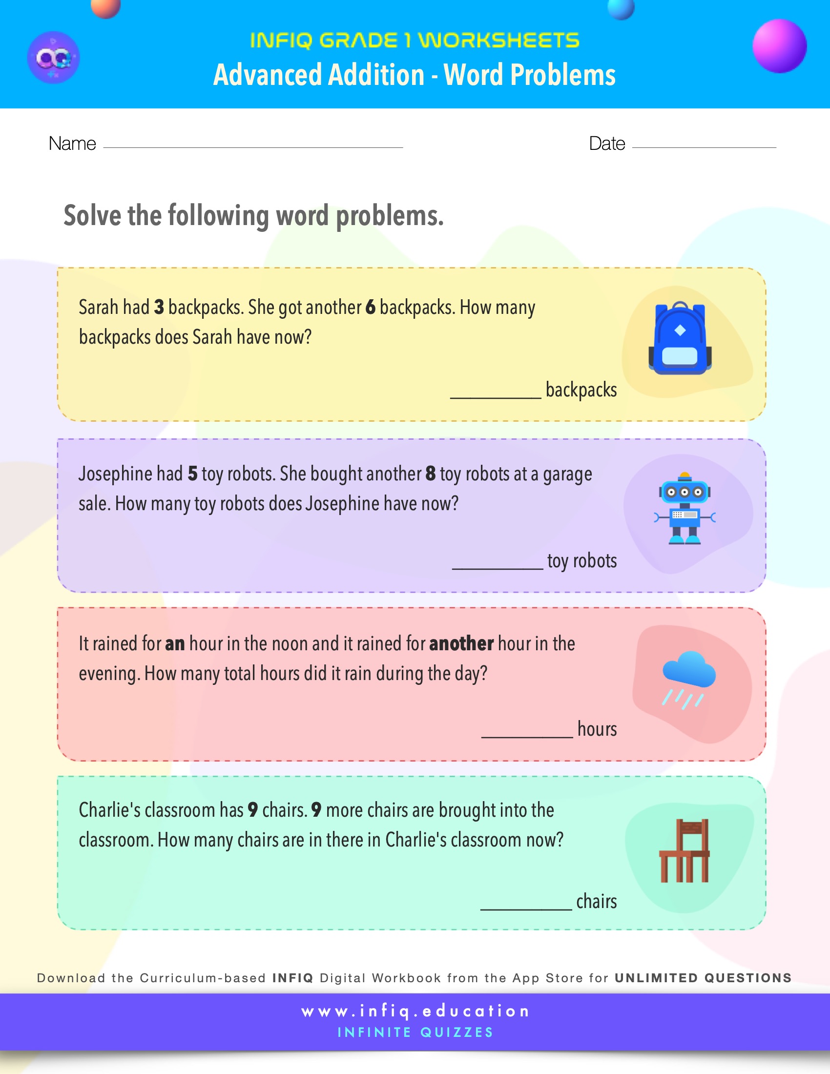 INFIQ | GRADE 1 Math Worksheets- Advanced Addition - Word Problems