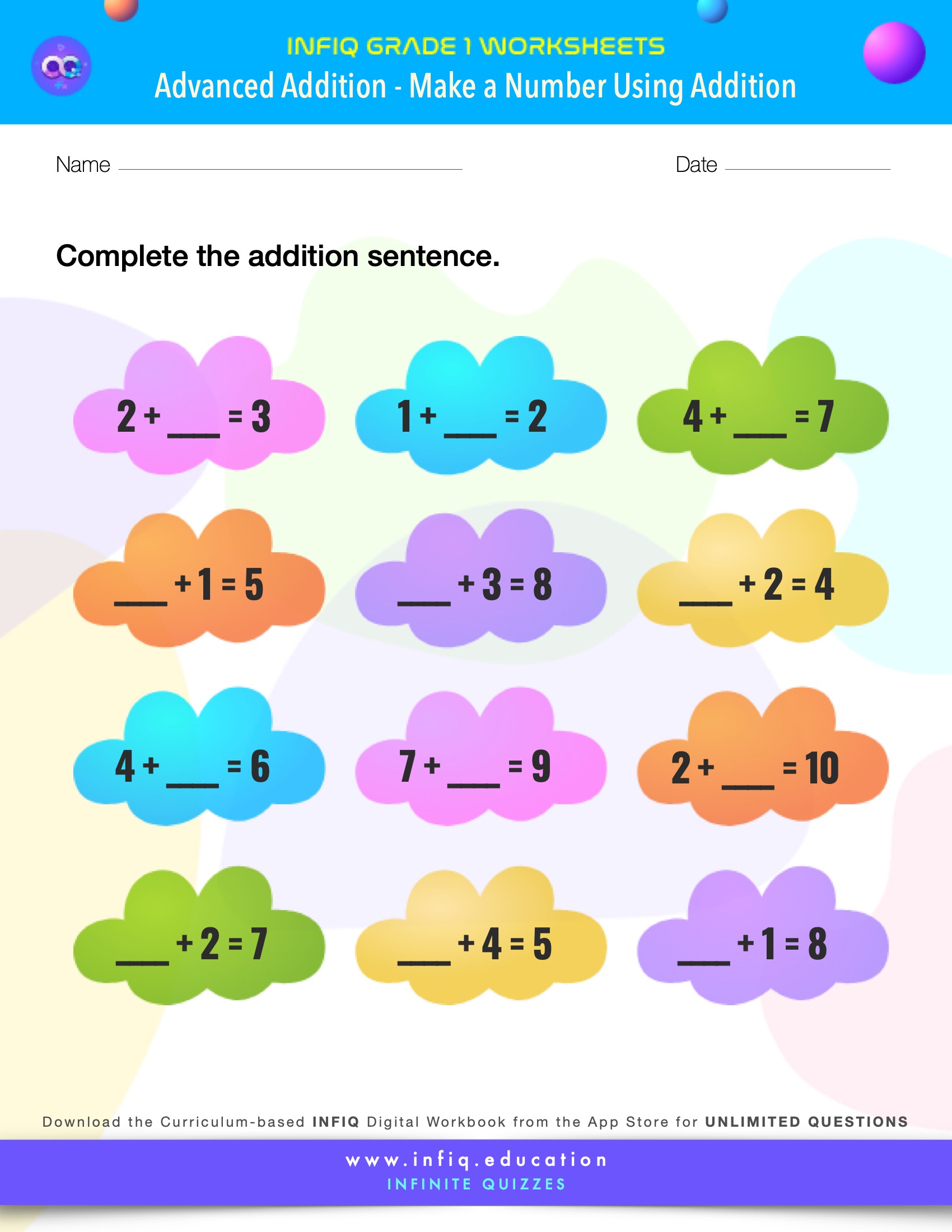 INFIQ | GRADE 1 Math Worksheets- Advanced Addition - Make a Number ...